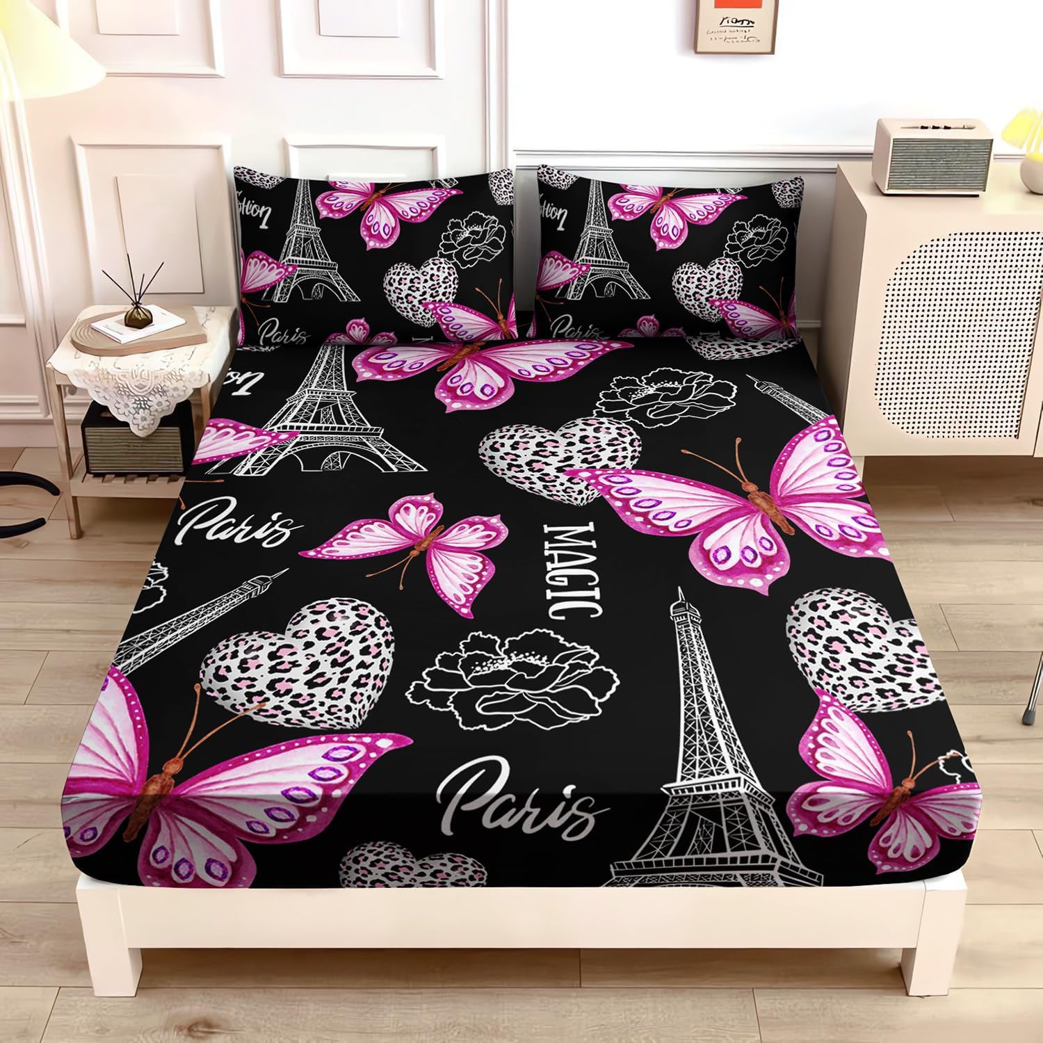 Amazon.com: UEVBF Pink Butterfly Fitted Sheets Full Bed Sets for Girls ...