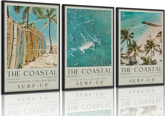 Amazon.com: Beach Surfing Canvas Wall Art Retro Newspaper Beaches ...