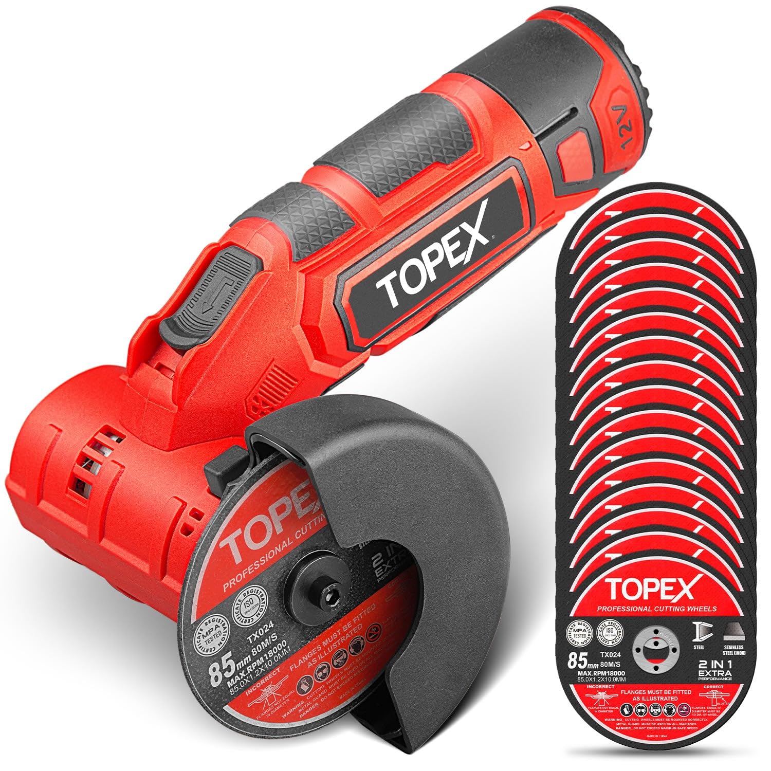 TOPEX 12V Mini Cordless Angle Grinder Cut Off Tool Set/Grinder w/Battery &Charger & Grinding ...
