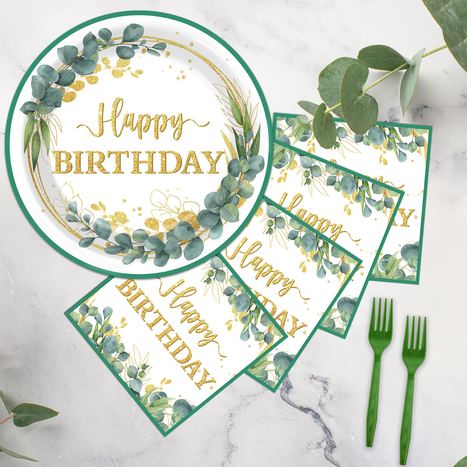 Snapklik.com : 96 Pieces Greenery Eucalyptus Happy Birthday Plates ...