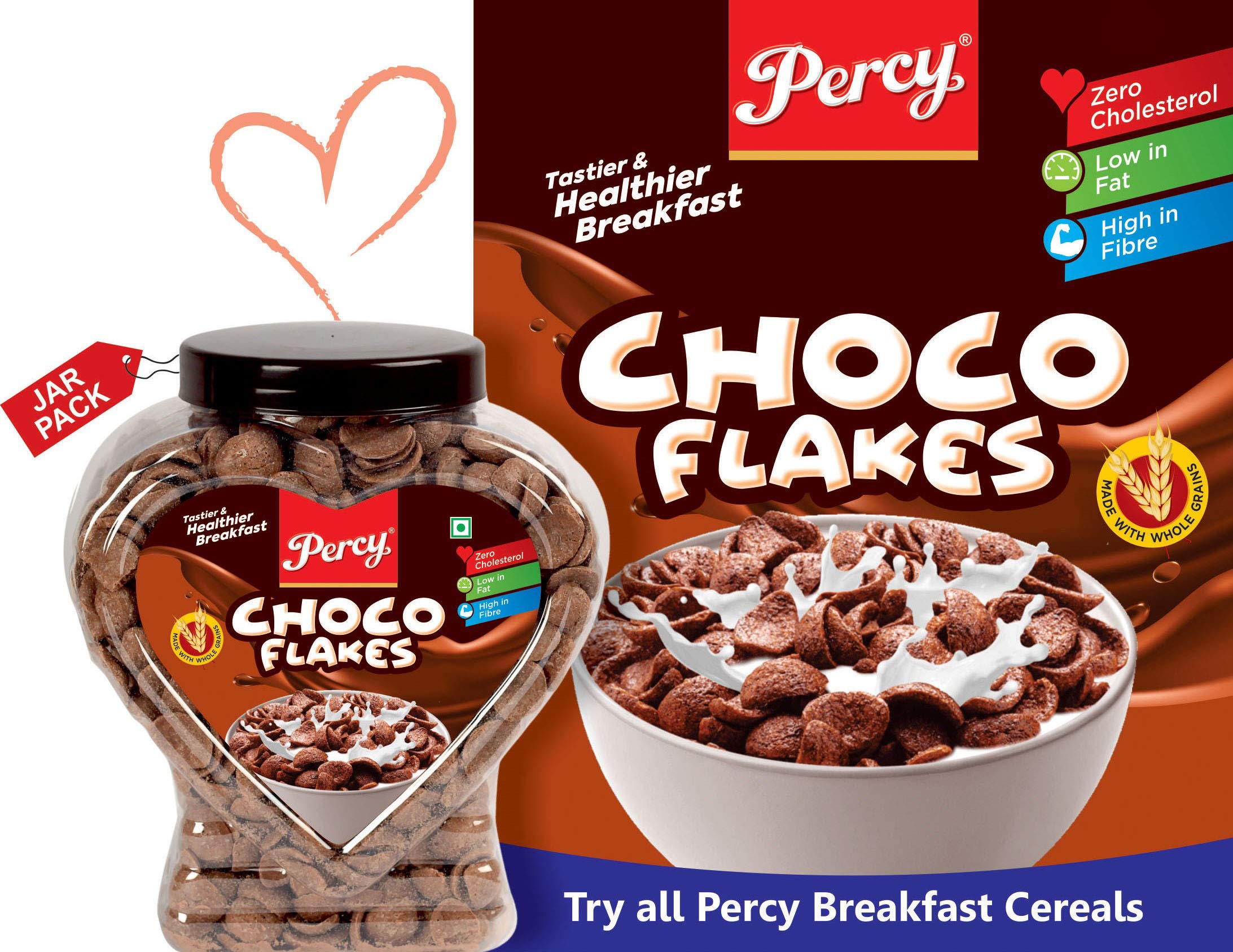 Percy Breakfast Cereal, Choco Flakes, Jumbo Jar [Wholegrain and High ...