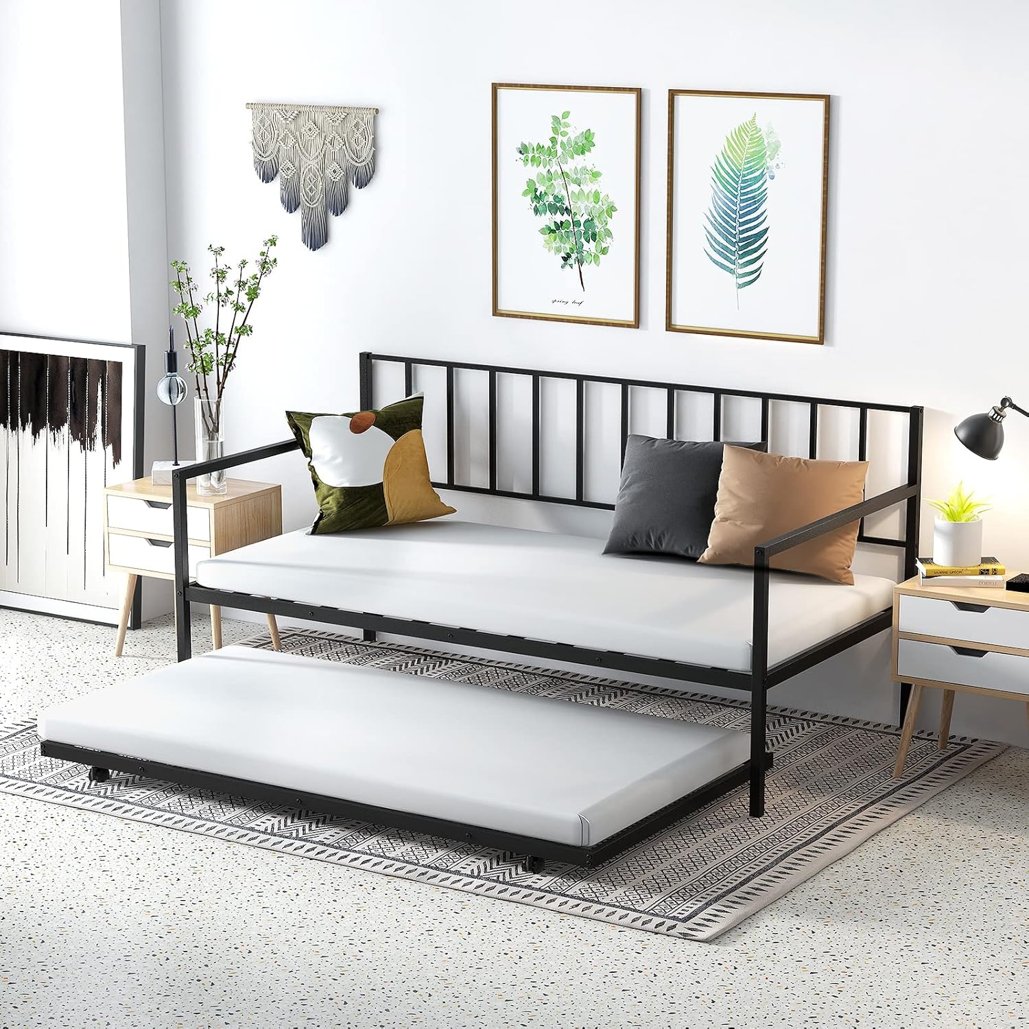 IFANNY Daybed with Trundle, Metal Twin Bed Frame & Roll Out Trundle ...
