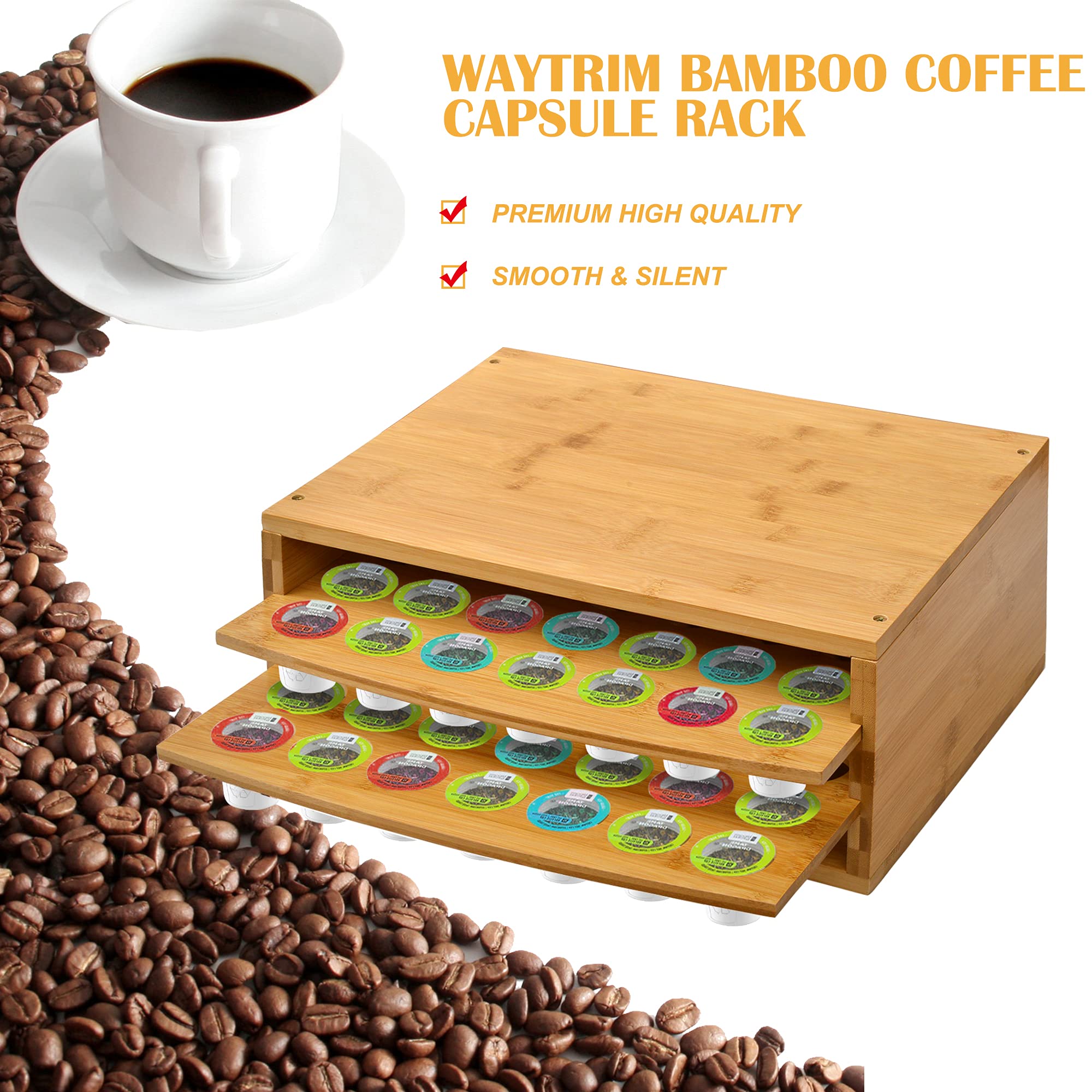 WAYTRIM 2-tier 70 Capacity Bamboo Coffee Pod Holder, Coffee K-cups Pods ...