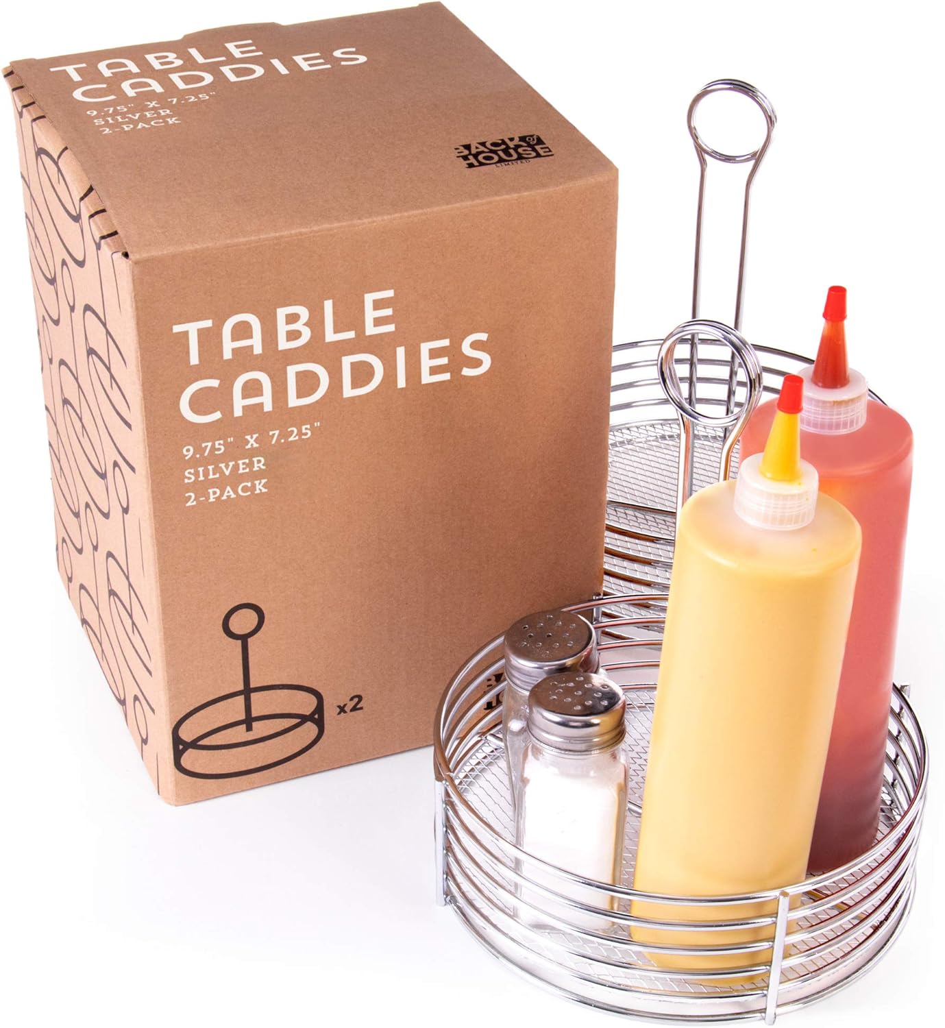 Silver Metal Table Caddies, 2-Pack - Round Tabletop Condiment Basket ...