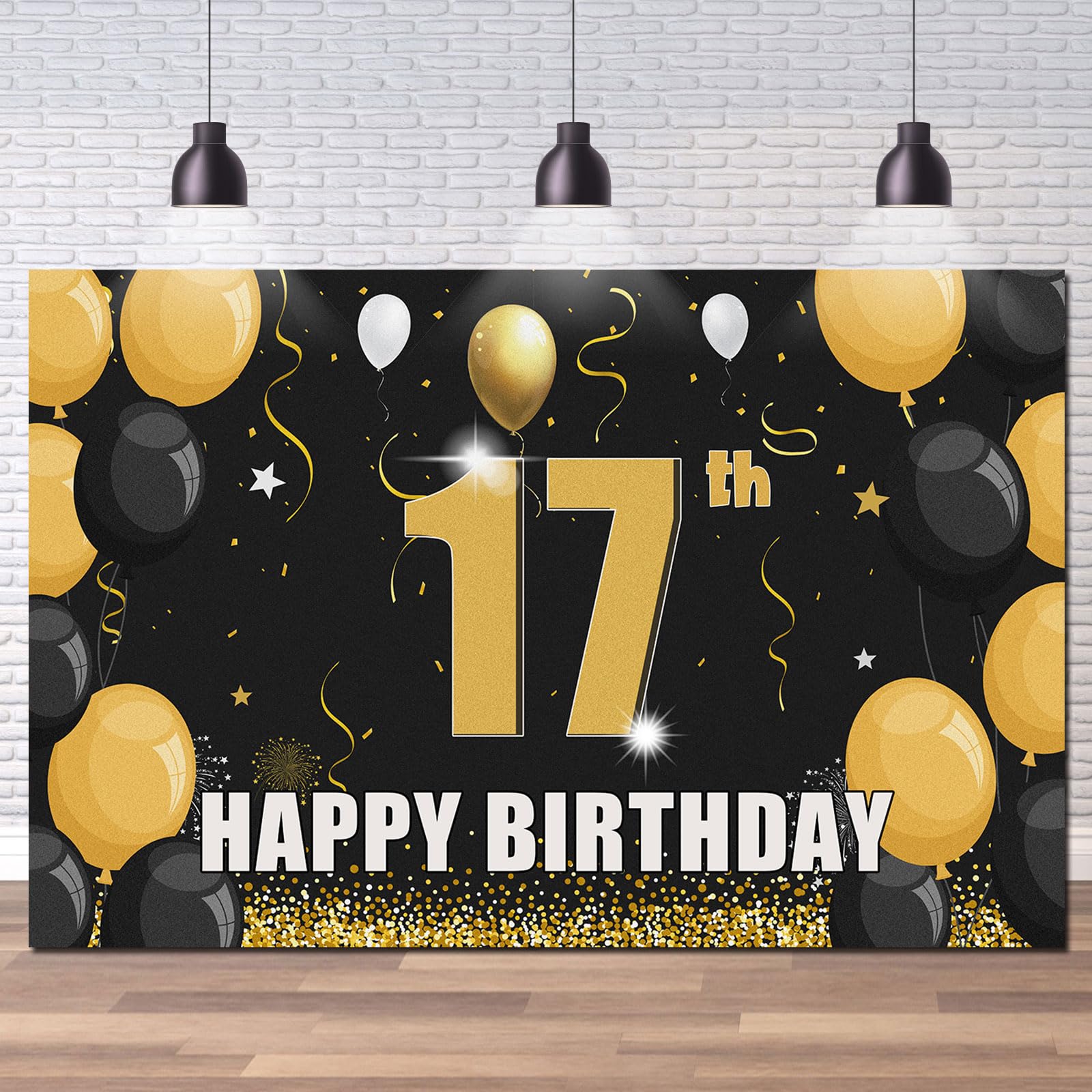 Amazon.com : Happy 17th Birthday Backdrop Banner Black and Gold 17th ...