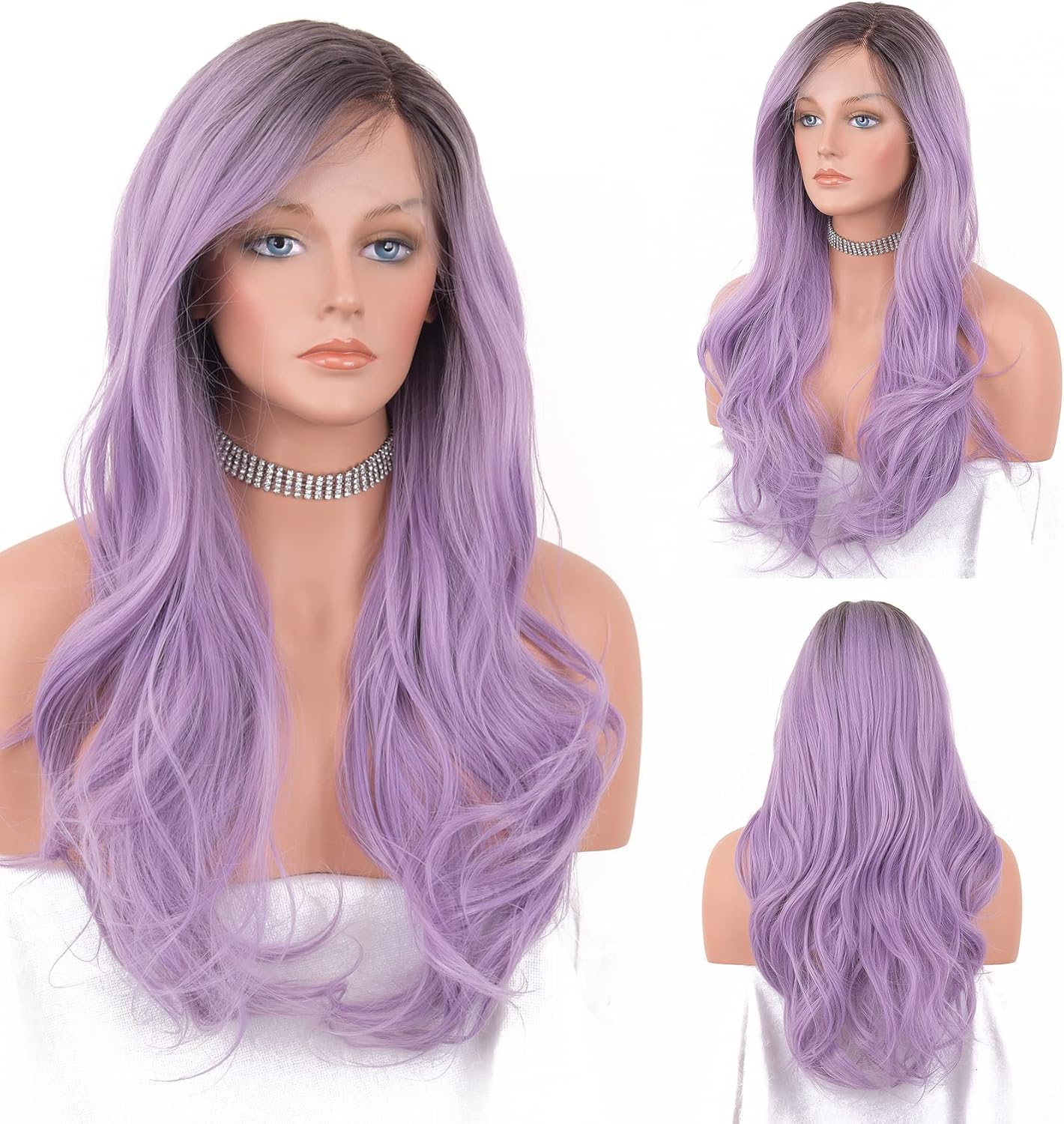 LEMEIZ Ombre Lilac Wigs with Black Roots Long Synthetic Hair Purple ...