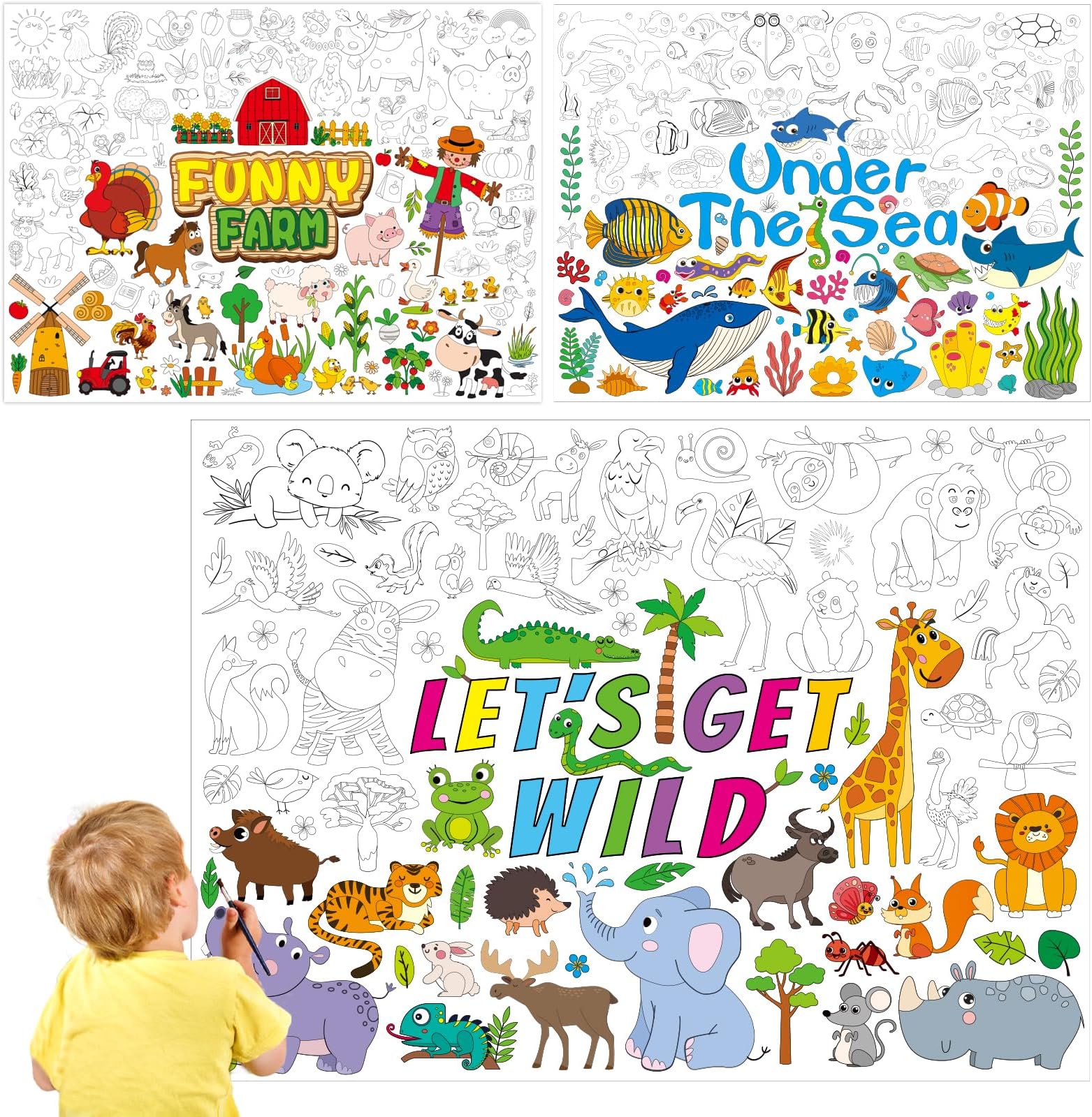 Amazon.com: Jungle Ocean Farm Animals Giant Coloring Poster for Kids ...