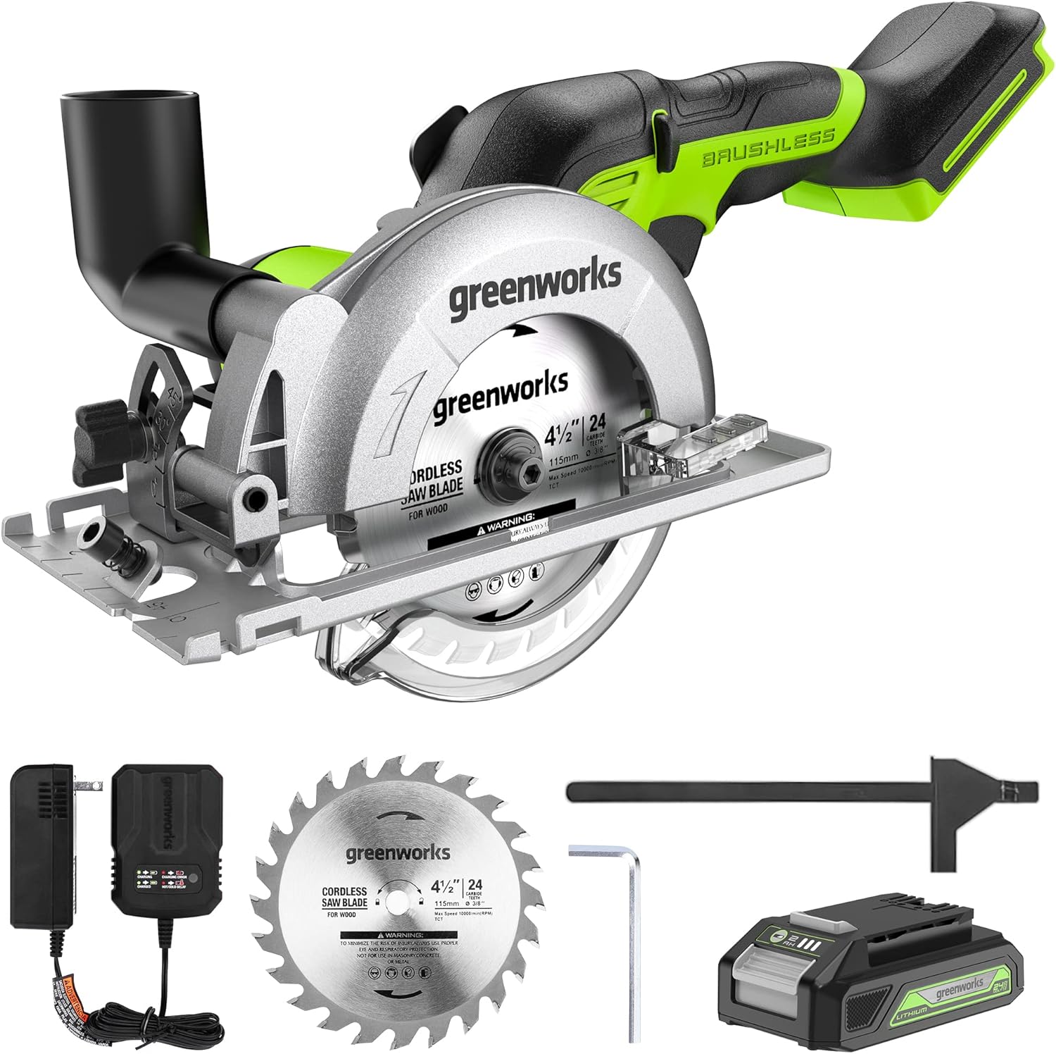 Greenworks 24V Brushless 4-1/2" Compact Circular Saw (6,500 RPM), 2.0Ah ...