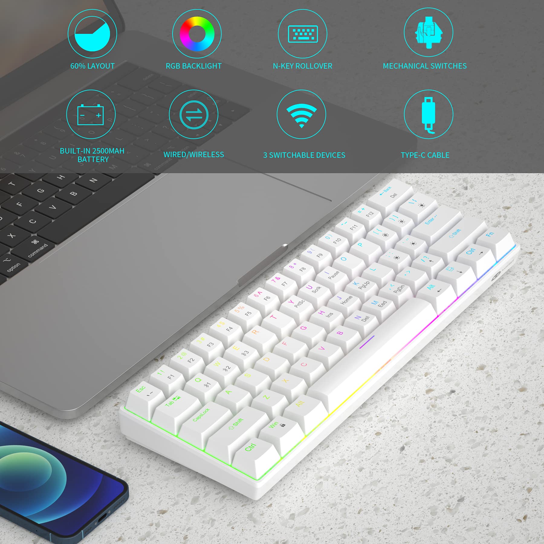 60% Wired/Wireless Mechanical Gaming Keyboard, Ultra-Compact 61 Keys ...