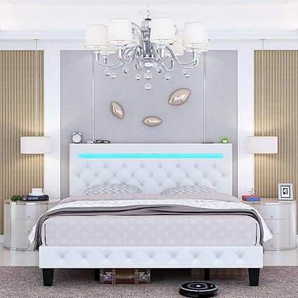 Amazon.com: Benevika Full Size Bed Frame with LED Light Leather ...