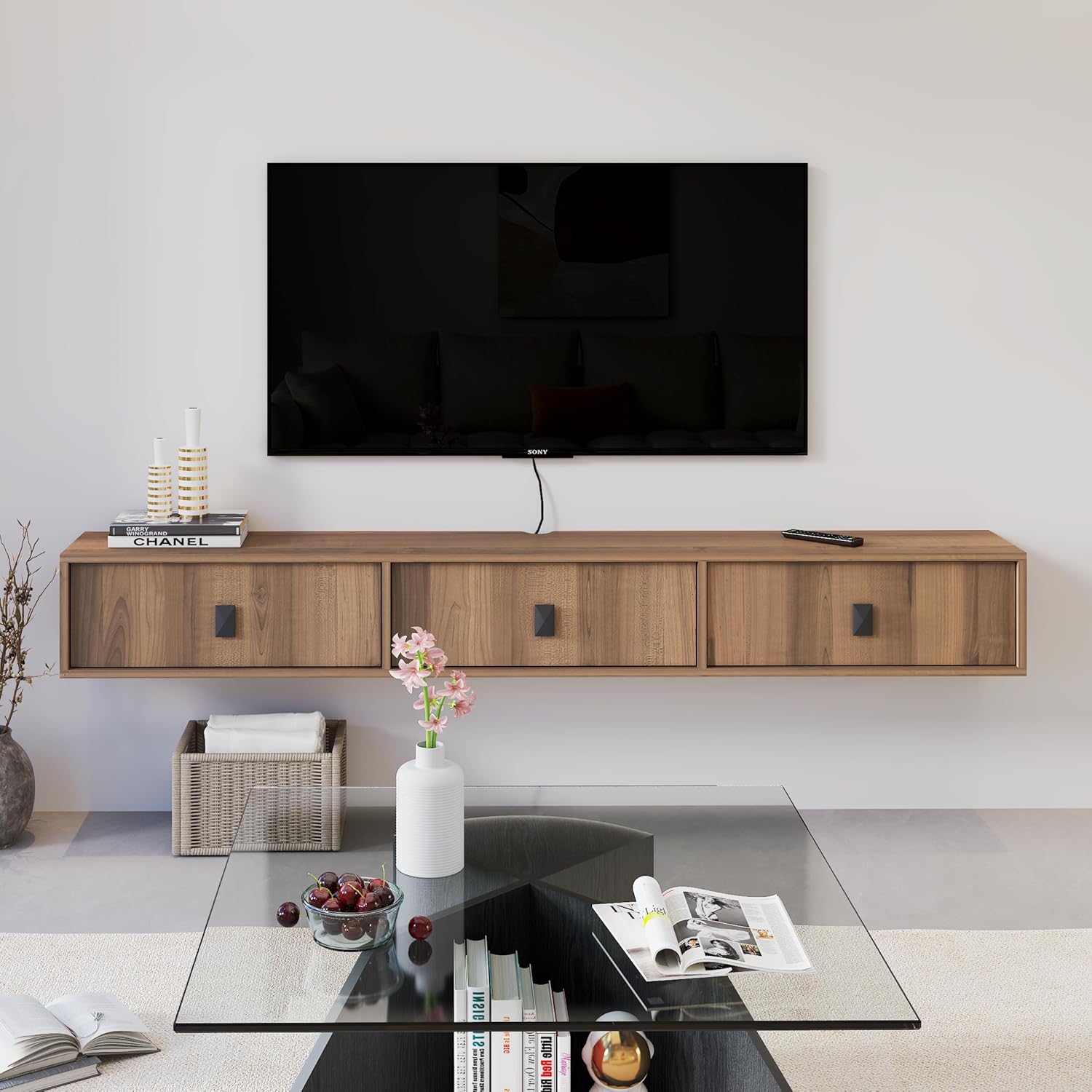 Amazon.com: TuckTect Solid Wood Floating TV Shelf, 71'' Wall Mounted TV ...