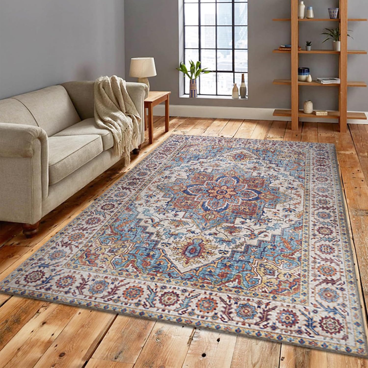 Rug-QJDDUP Area Rugs,Multicoloured blue red and yellow floral oriental ...