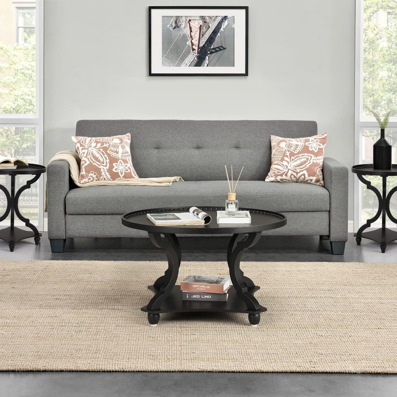 Snapklik.com : Wnutrees Farmhouse Round Coffee Table, Wood Tray Top ...
