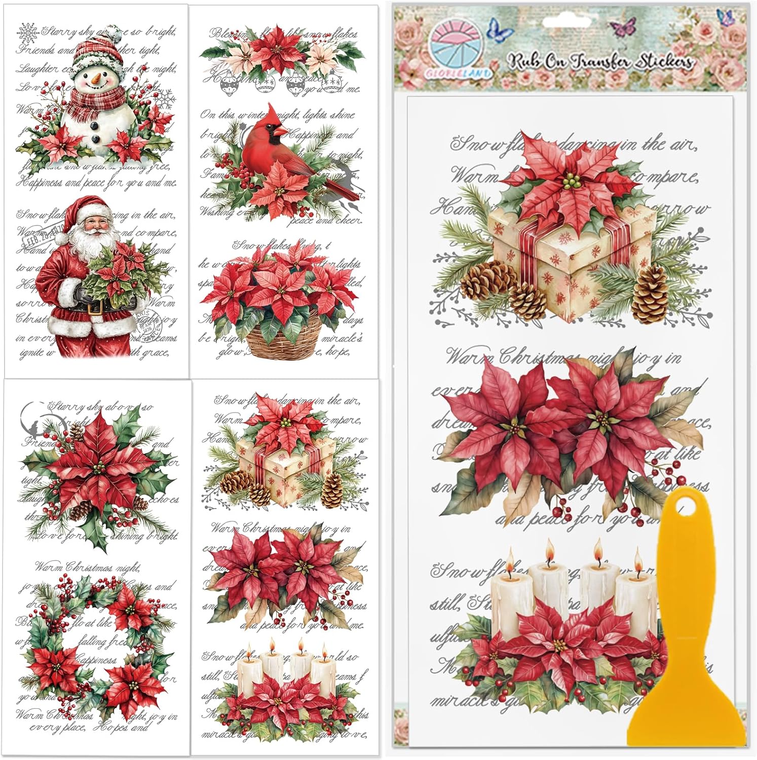 Amazon.com: GLOBLELAND 4 Sheets Christmas Poinsettia Colorful Rub on ...
