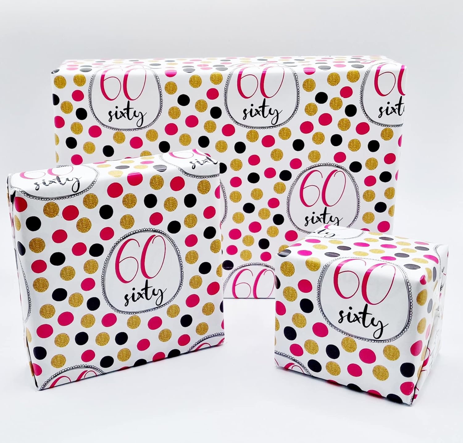 2 Sheets 60th Birthday Pink Black Gold Polka Dots Female Wrapping Paper ...
