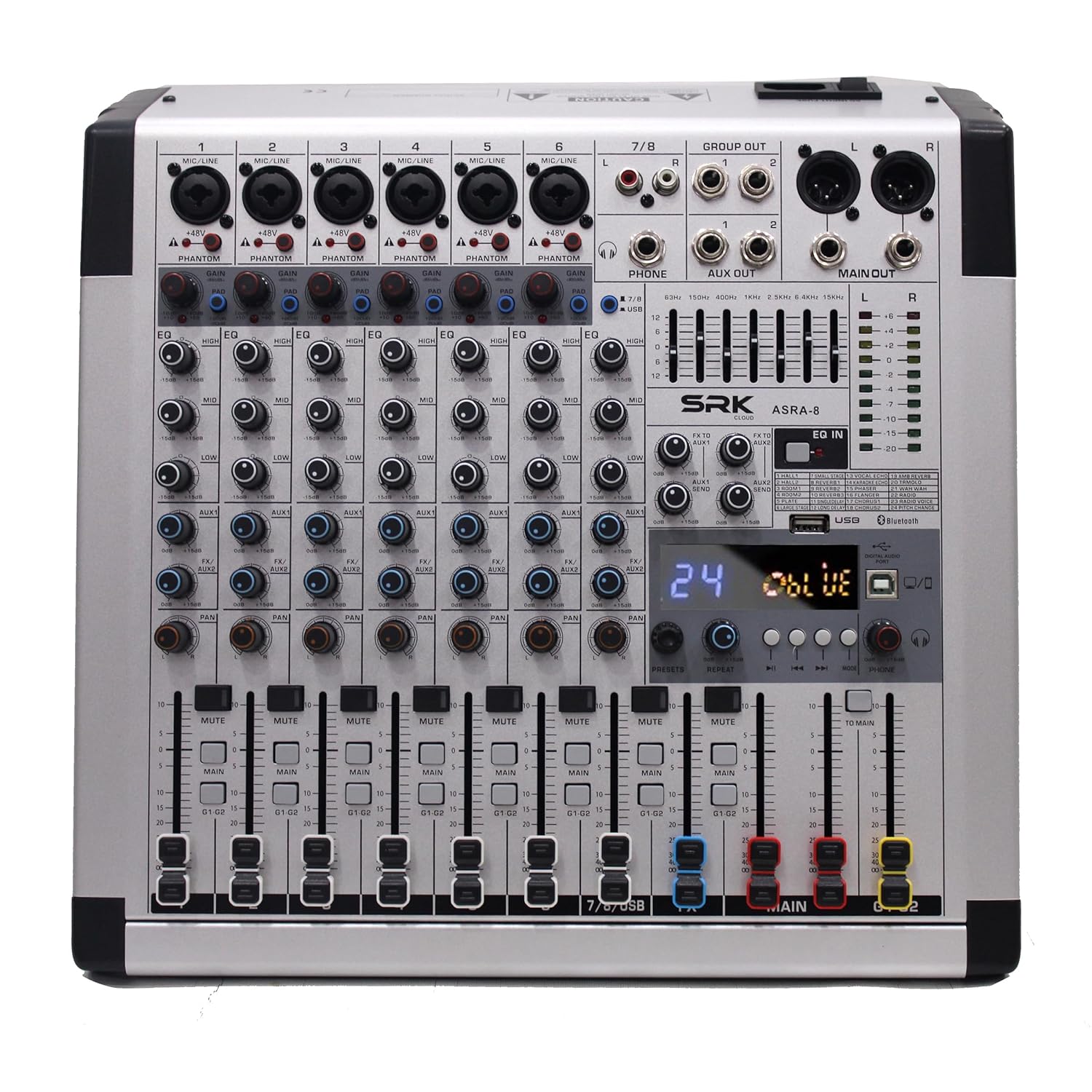 SRK CLOUD ASRA-8 Professional 8-channel Mixer, 24 DSP Effects, 7 Band ...