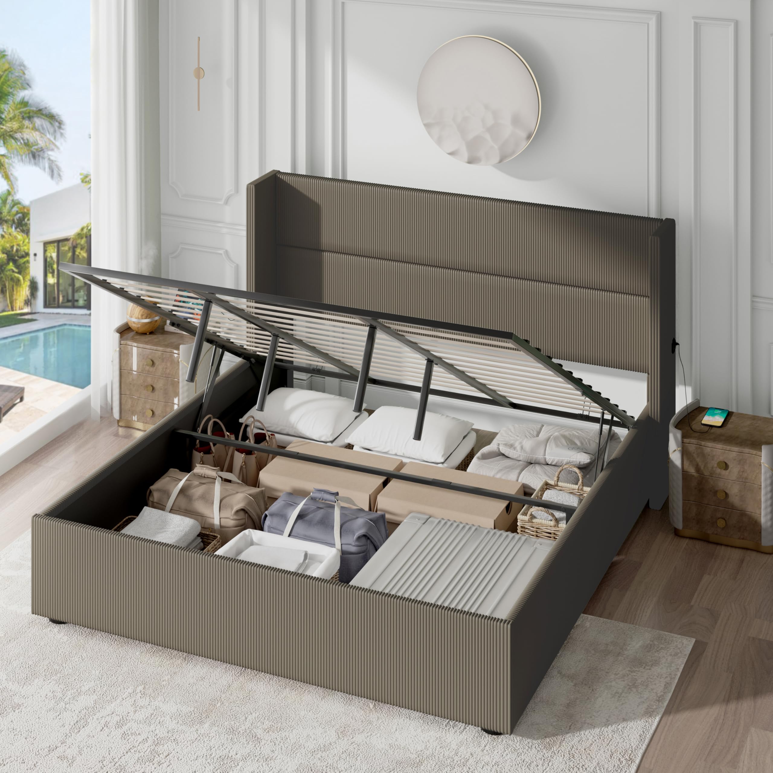 Amazon.com: EcoHarbor Lift up Storage Bed Queen with 2 Charging ...