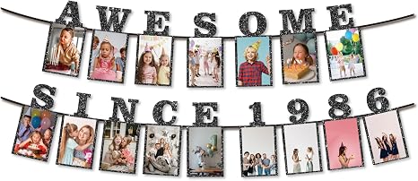 Amazon.com: Pre-Strung Awesome Since 1986 Black Glitter Photo Banner ...