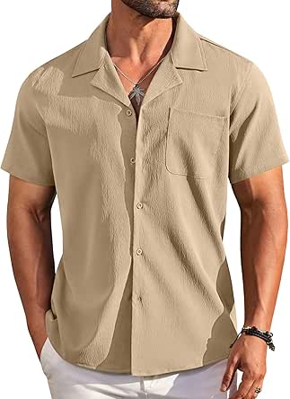 Amazon.com: COOFANDY Men's Linen Untucked Button Up Shirt Casual Short Sleeve Summer Beach ...
