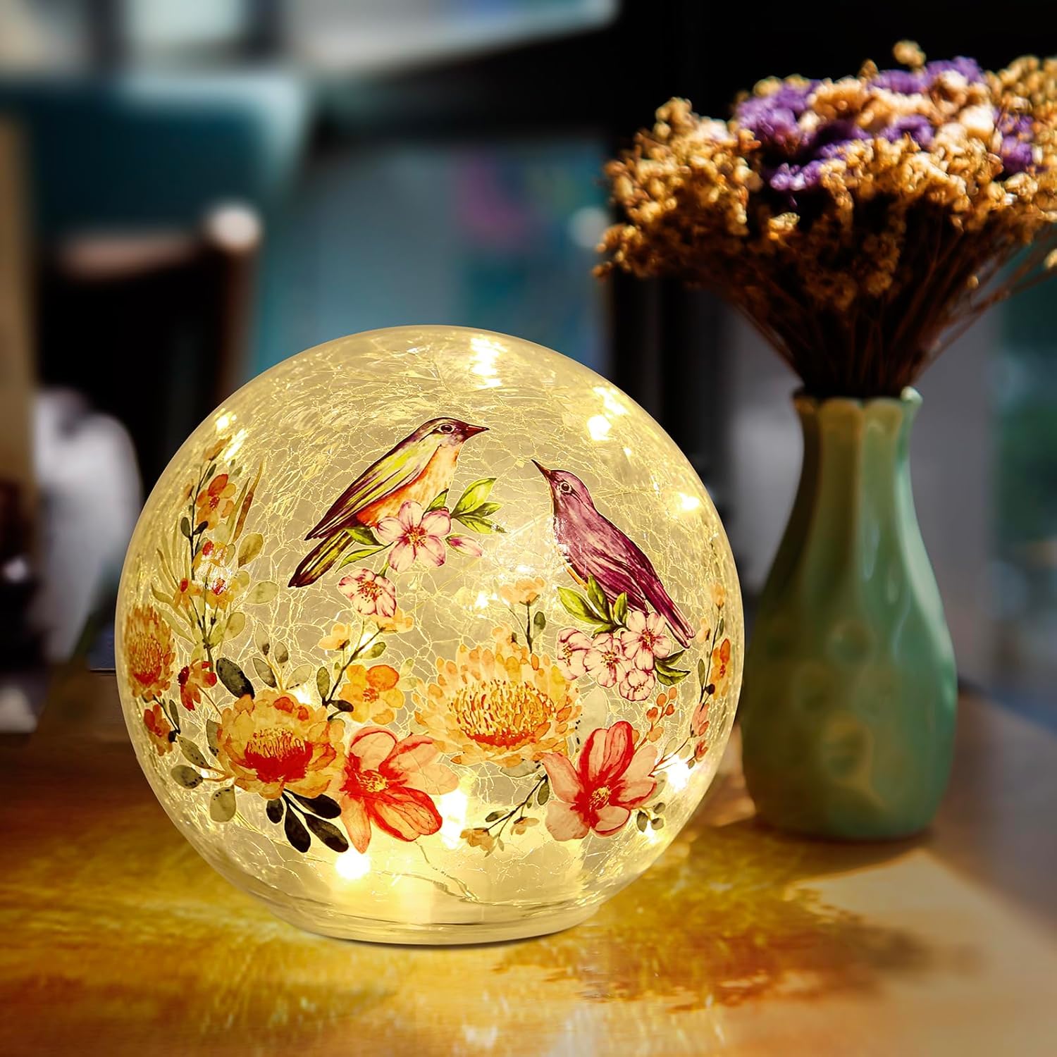 IdealXmas Glass Birds and Colorful Flowers Crackle Lamp Timer Function ...