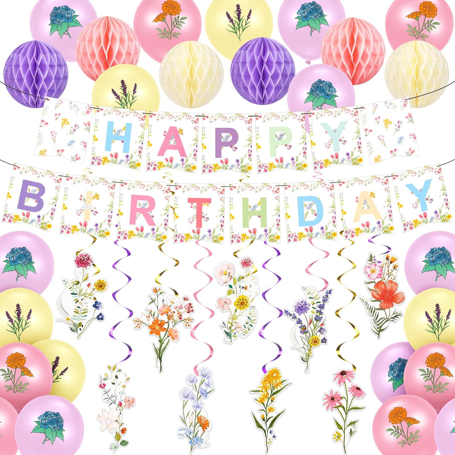 Amazon.com: Trandraft 44 Pcs Wildflower Birthday Party Decorations Flower Birthday Banner Floral ...
