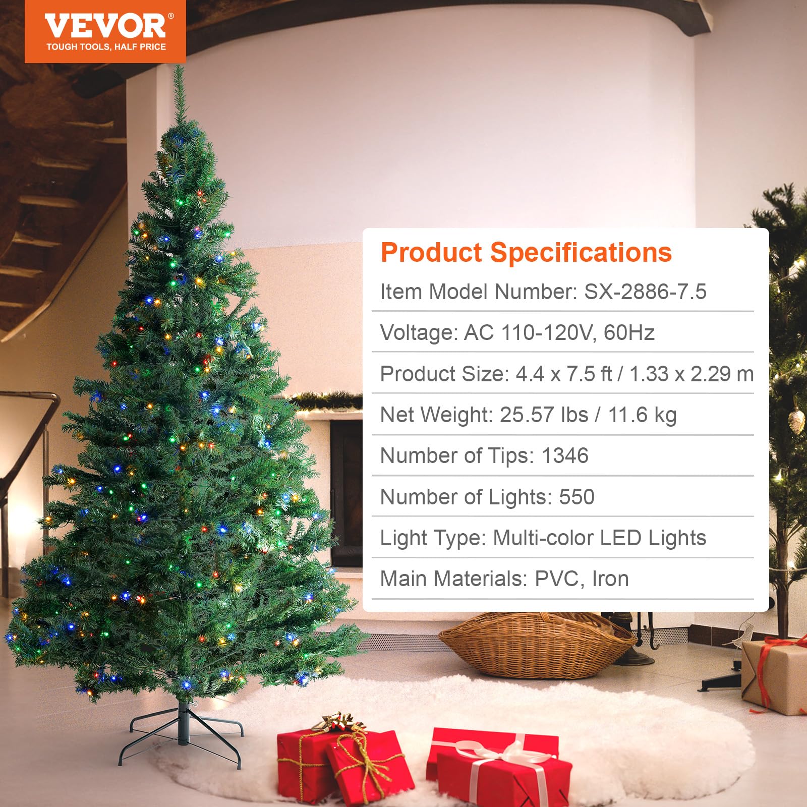 VEVOR Christmas Tree, 7.5ft Prelit Artificial Xmas Tree, Full Holiday ...