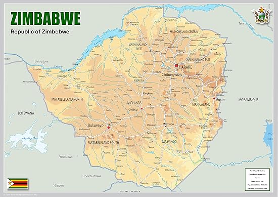 Physical Map of Zimbabwe - The Oxford Collection - Size A2 - Paper ...