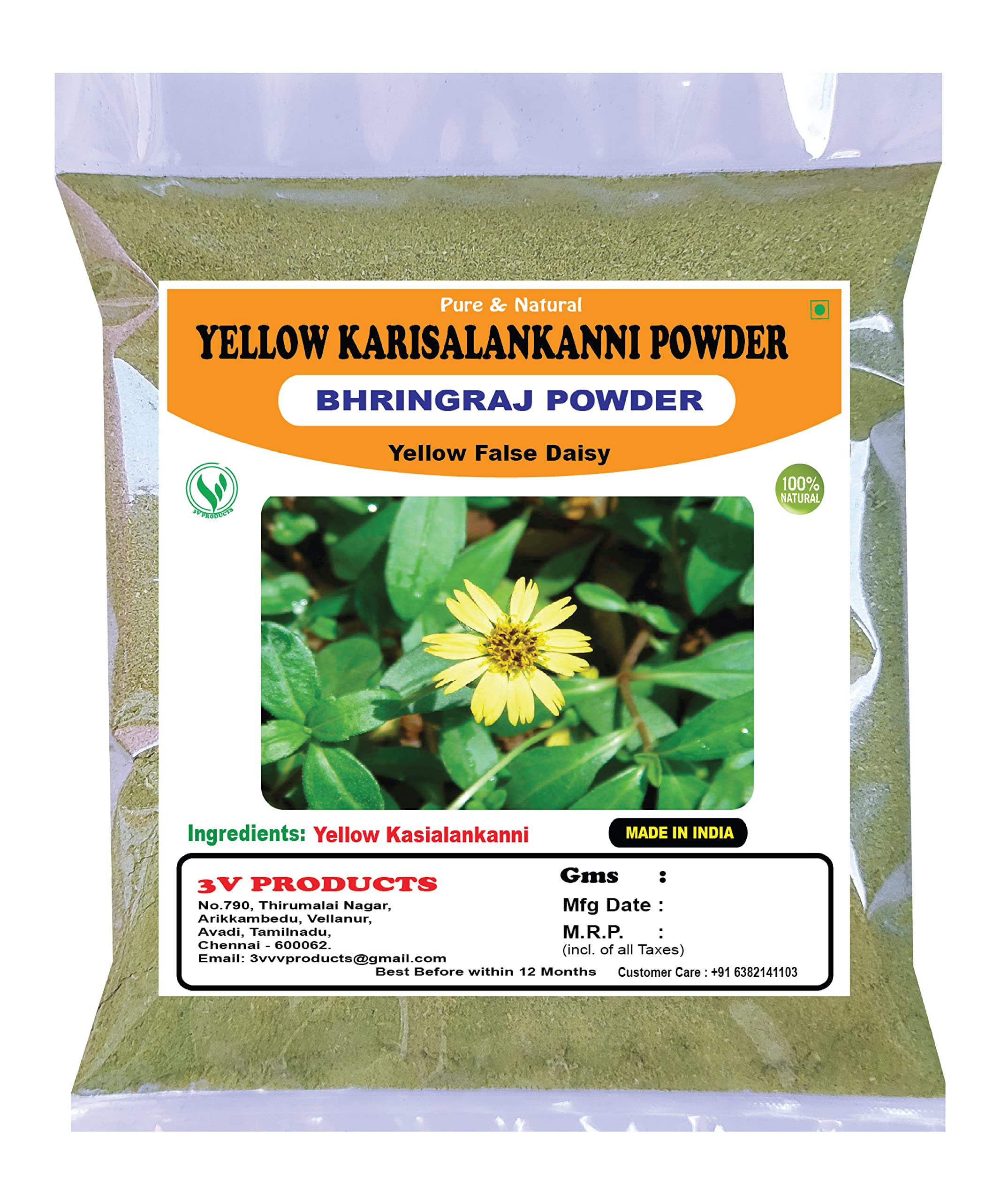 Buy 3V PRODUCTS: Yellow Karisalankanni Powder 100g | Bringaraj Powder ...