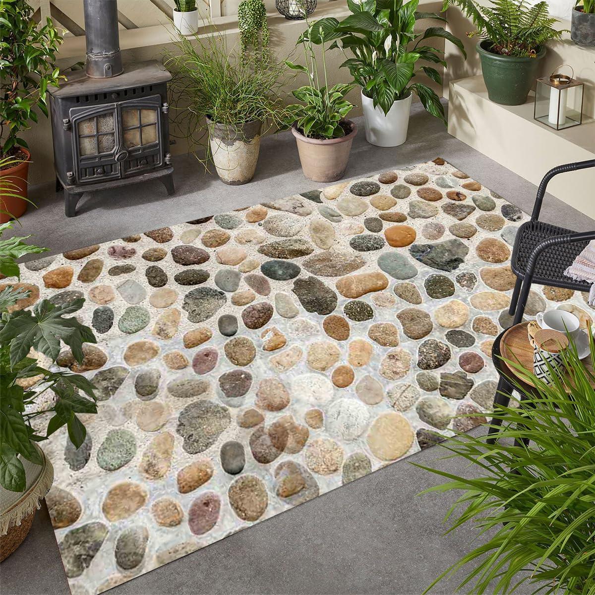 Amazon.com: Cobblestone Pattern Modern Farmhouse Outdoor Rug Natural ...