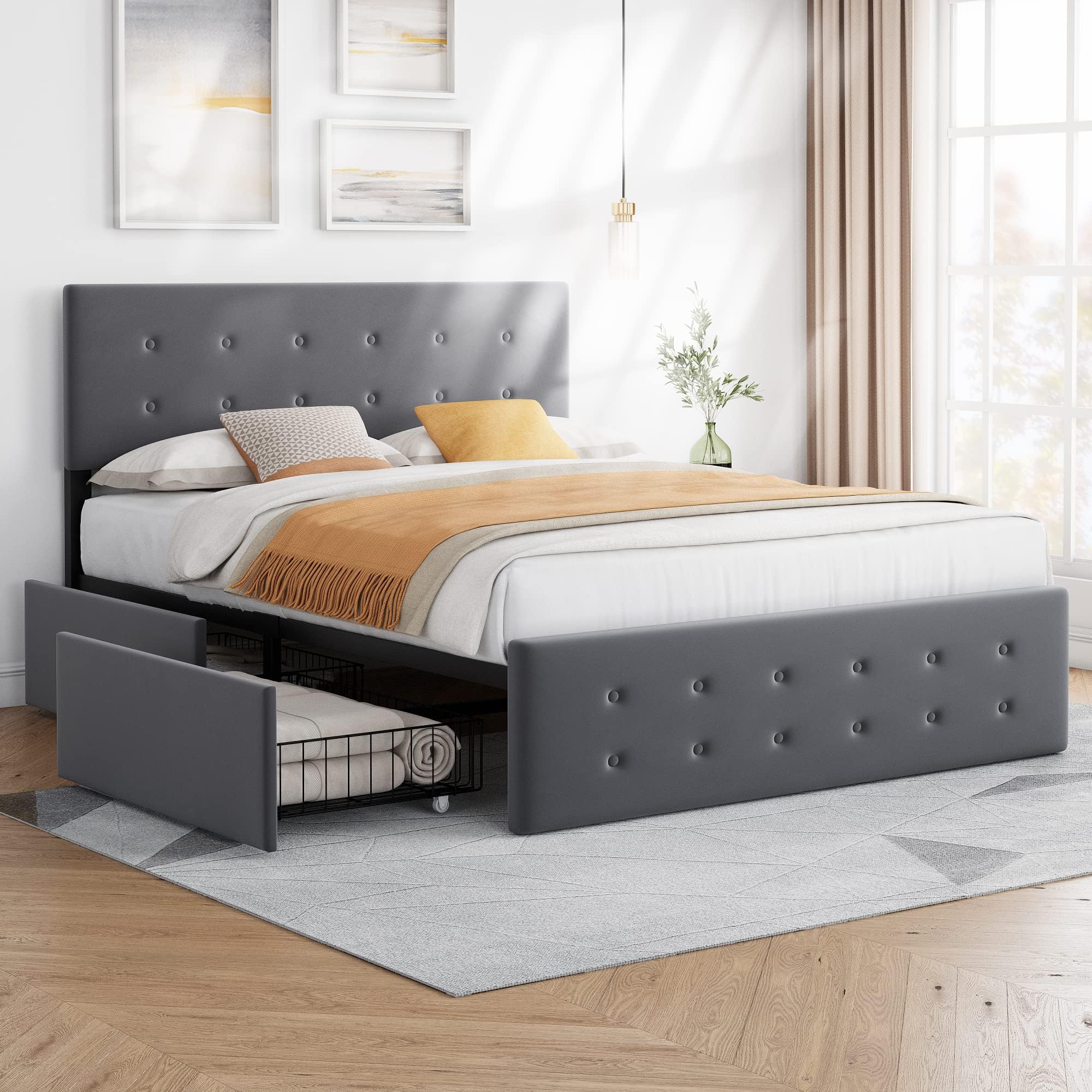 Amazon.com: GAOMON Queen Bed Frame with 4 Storage Drawers,Grey Queen ...