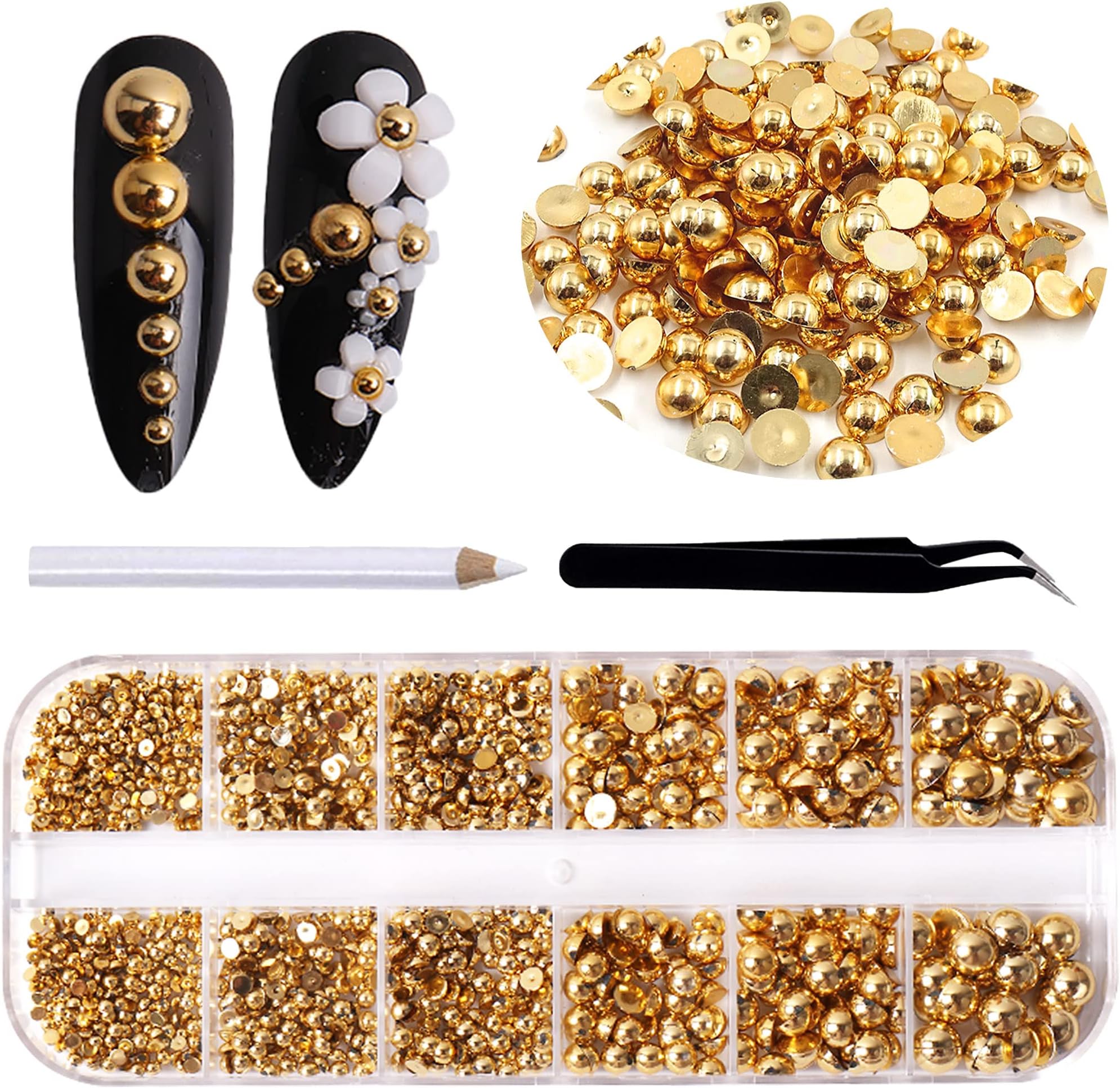 Amazon.com: 2 Boxes Nail Art Pearls Flatback Pearl - Gold Silver Nail ...