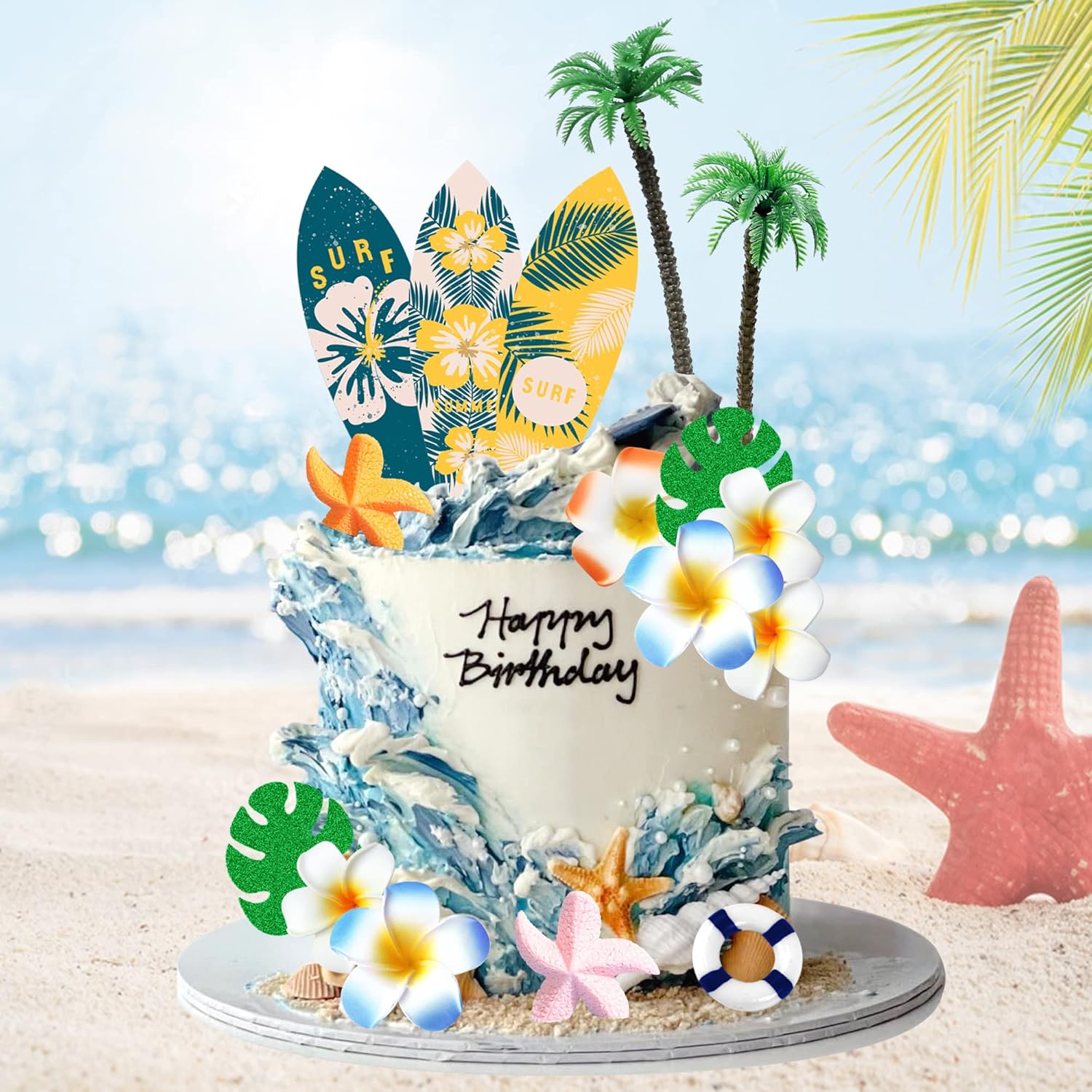 Amazon.com: Summer Happy Birthday Cake Topper Surfboard Palm Model Tree ...