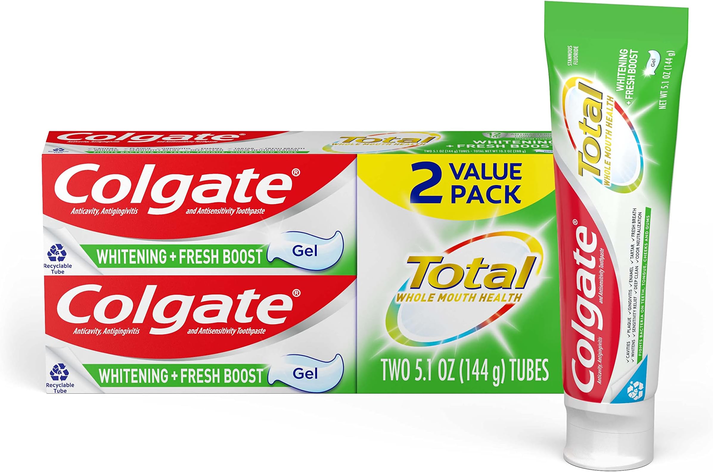 Amazon.com : Colgate Total Whitening + Fresh Boost Toothpaste, Mint ...