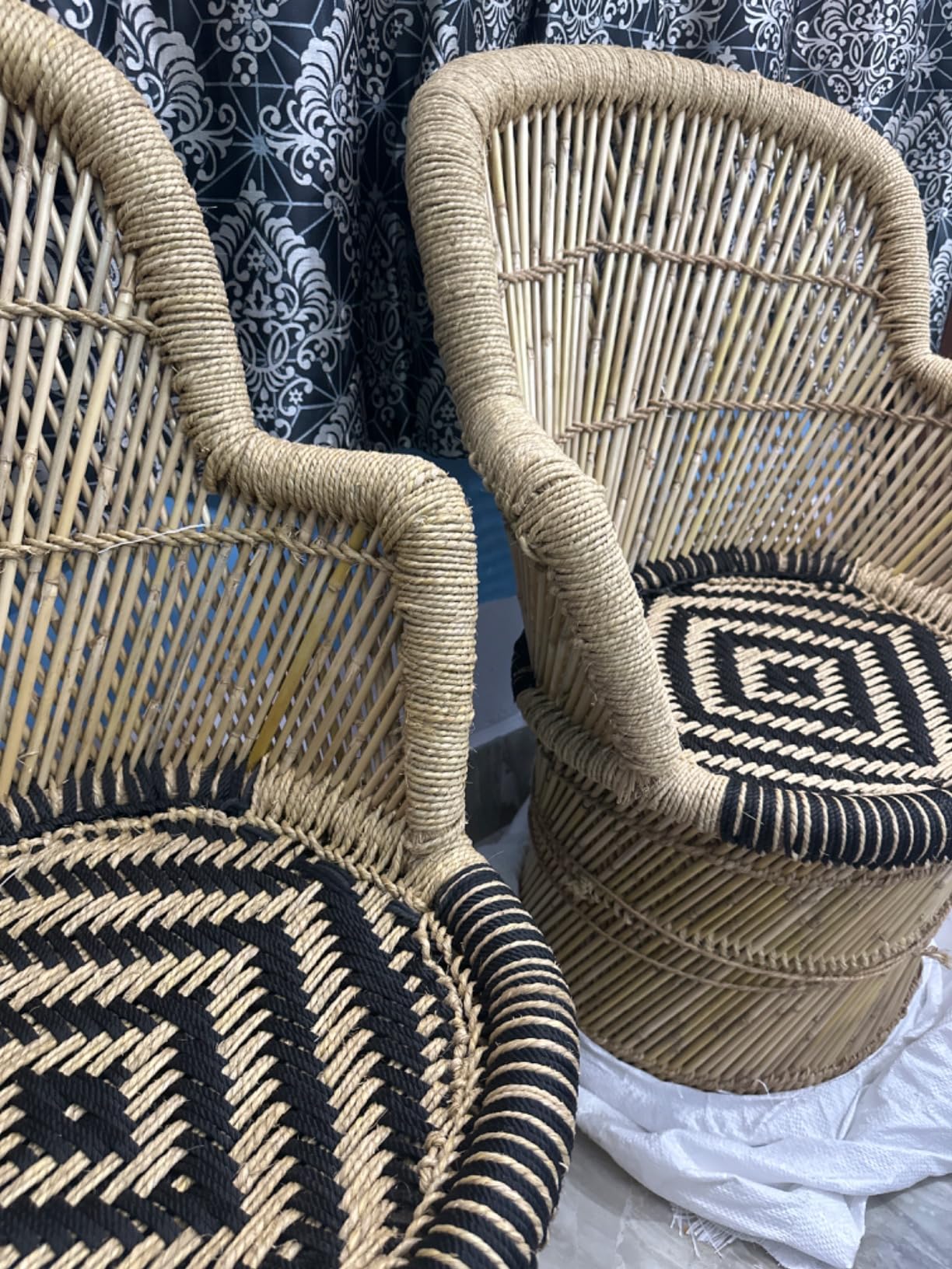 Harish Handmakers Handmade Bamboo Mudda Chair With Black & Beige Flower ...