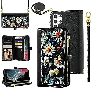 Amazon.com: Furiet Floral Wallet Case for Samsung Galaxy S22 Ultra 5G with Wrist Strap Shoulder ...