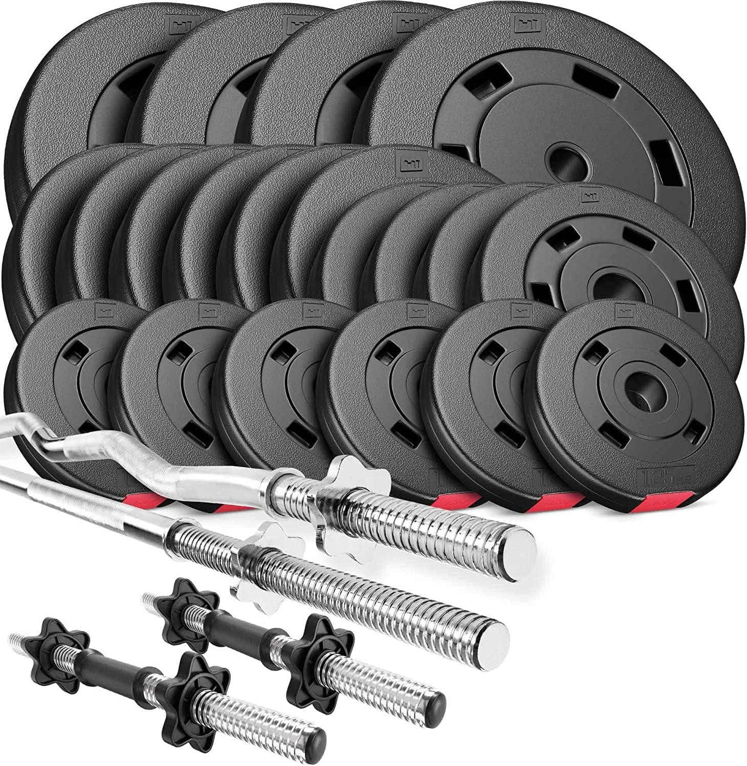HOP-SPORT Weight Plates 105 kg Set with 1x Barbell 167 cm, 1x Curl ...