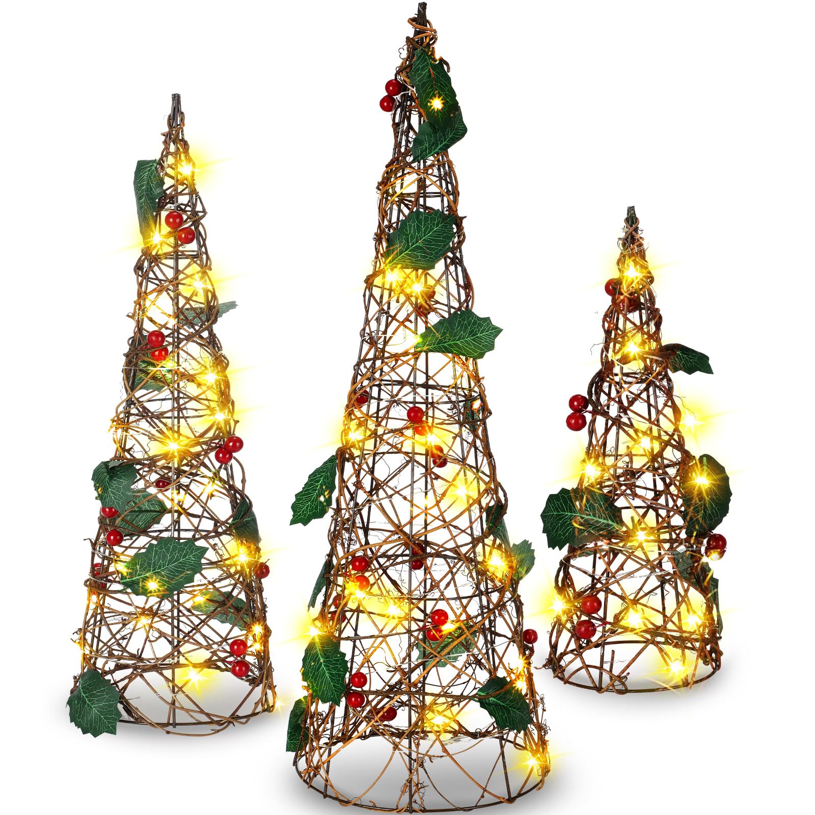 Retrowavy Set of 3 Lighted Christmas Cone Trees with Warm White LED ...