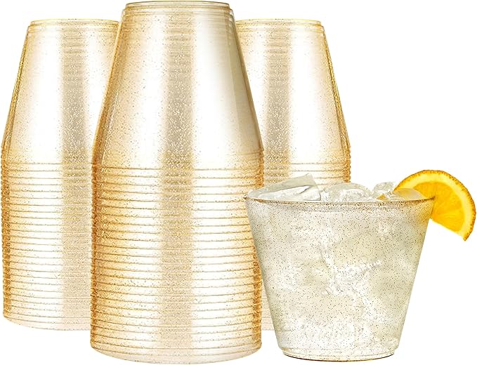 Amazon.com: R-kay 9 oz Gold Glitter Plastic Cups For Party - 100 Pack ...