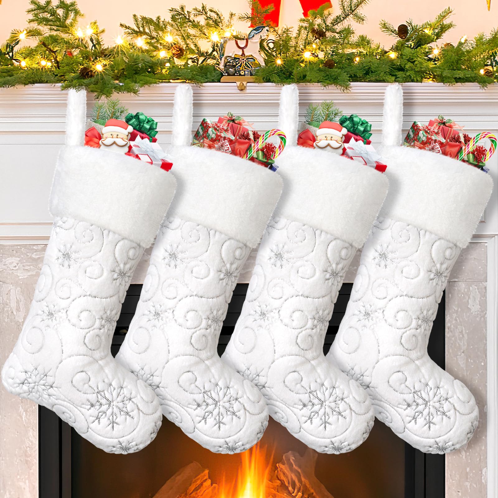 LOMOHOO 4 Pack Christmas Stockings, White Luxury Faux Fur Christmas ...