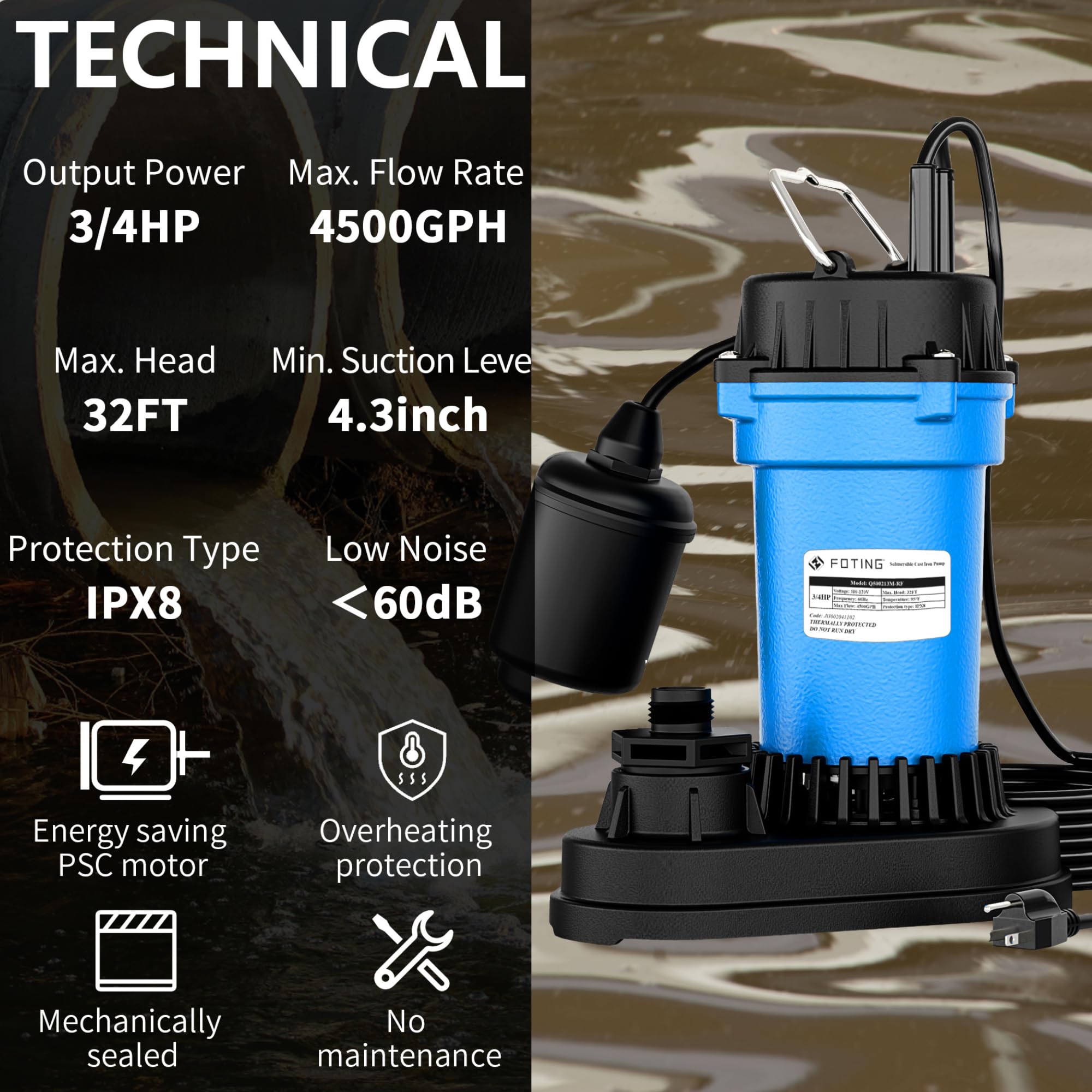Snapklik.com : 3/4HP Submersible Sump Pump,4500 GPH Cast Iron Sewage ...