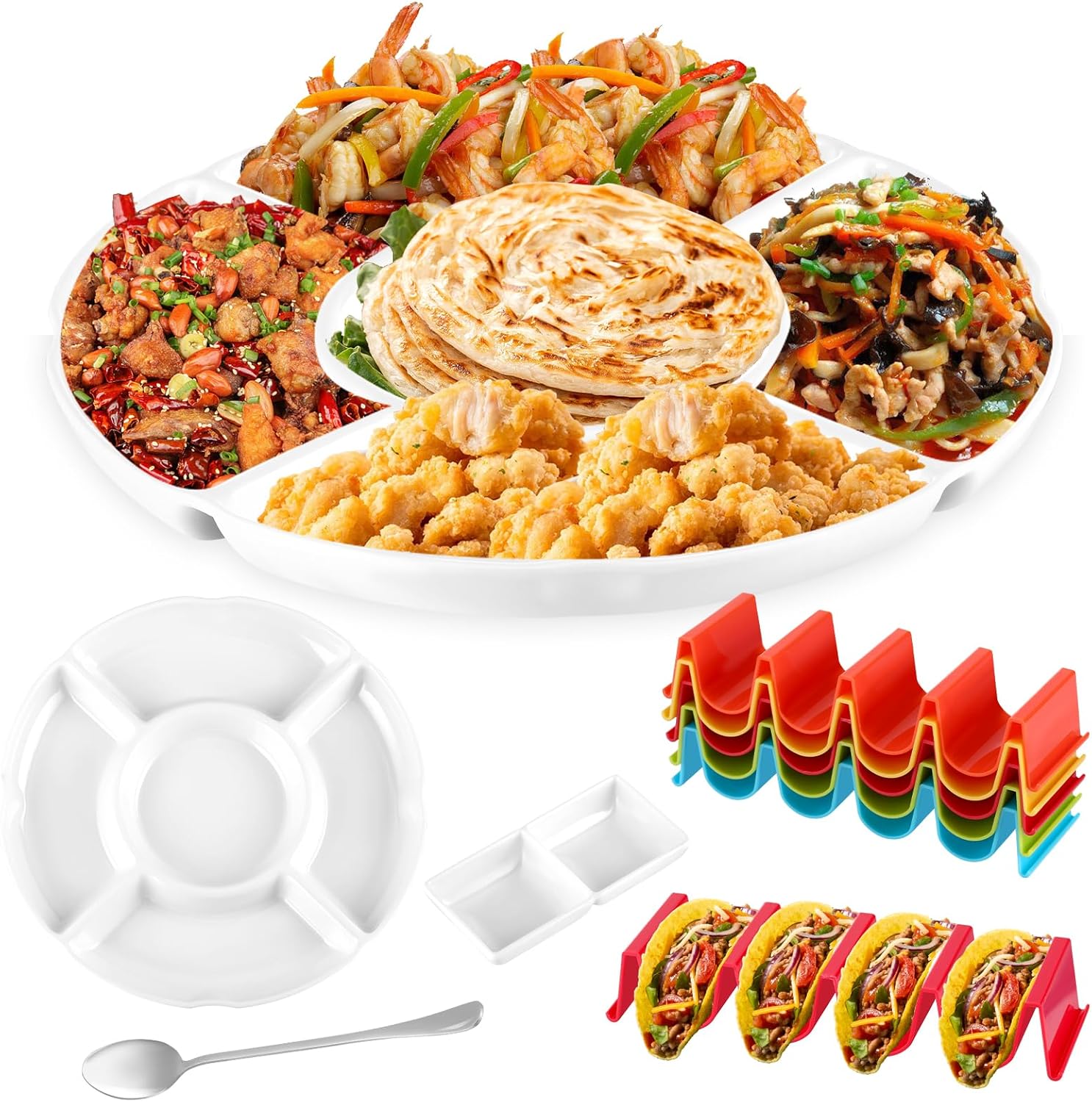 Amazon.com: Divided Taco Platter Serving Tray Kit 5 Section White Taco ...