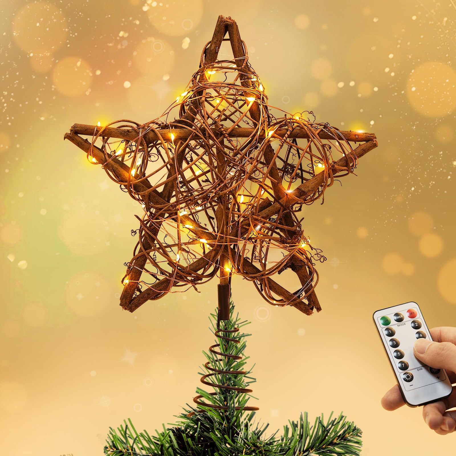 Amazon.com: Christmas Tree Decoration Rattan Star Tree Topper with 7m ...