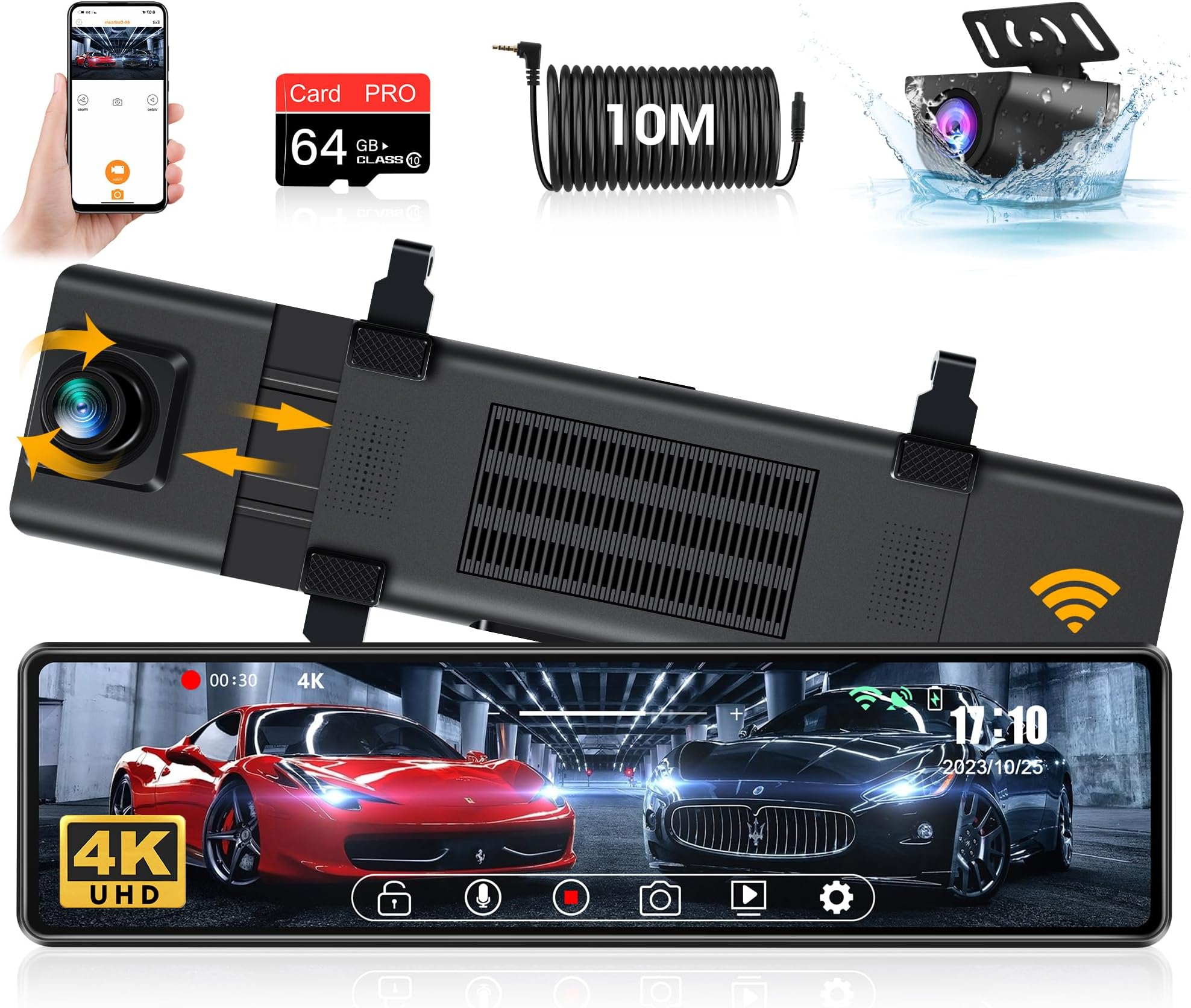 Jansite WiFi 4K Mirror Dash Cam with 12" IPS Full Touch Screen and 64G ...