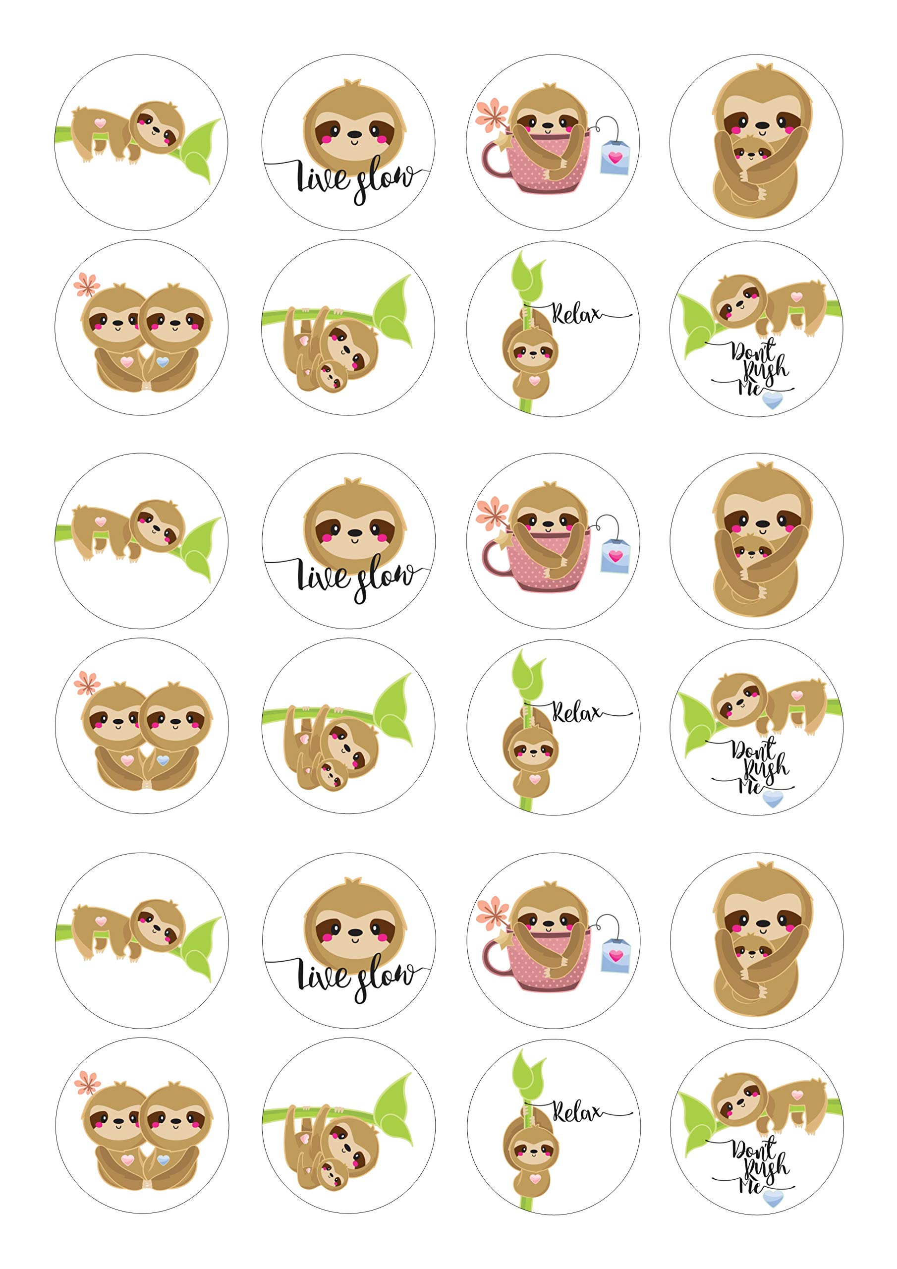 24 Sloths D1 edible Wafer Card rice paper pre cut Cupcake Toppers Cake ...