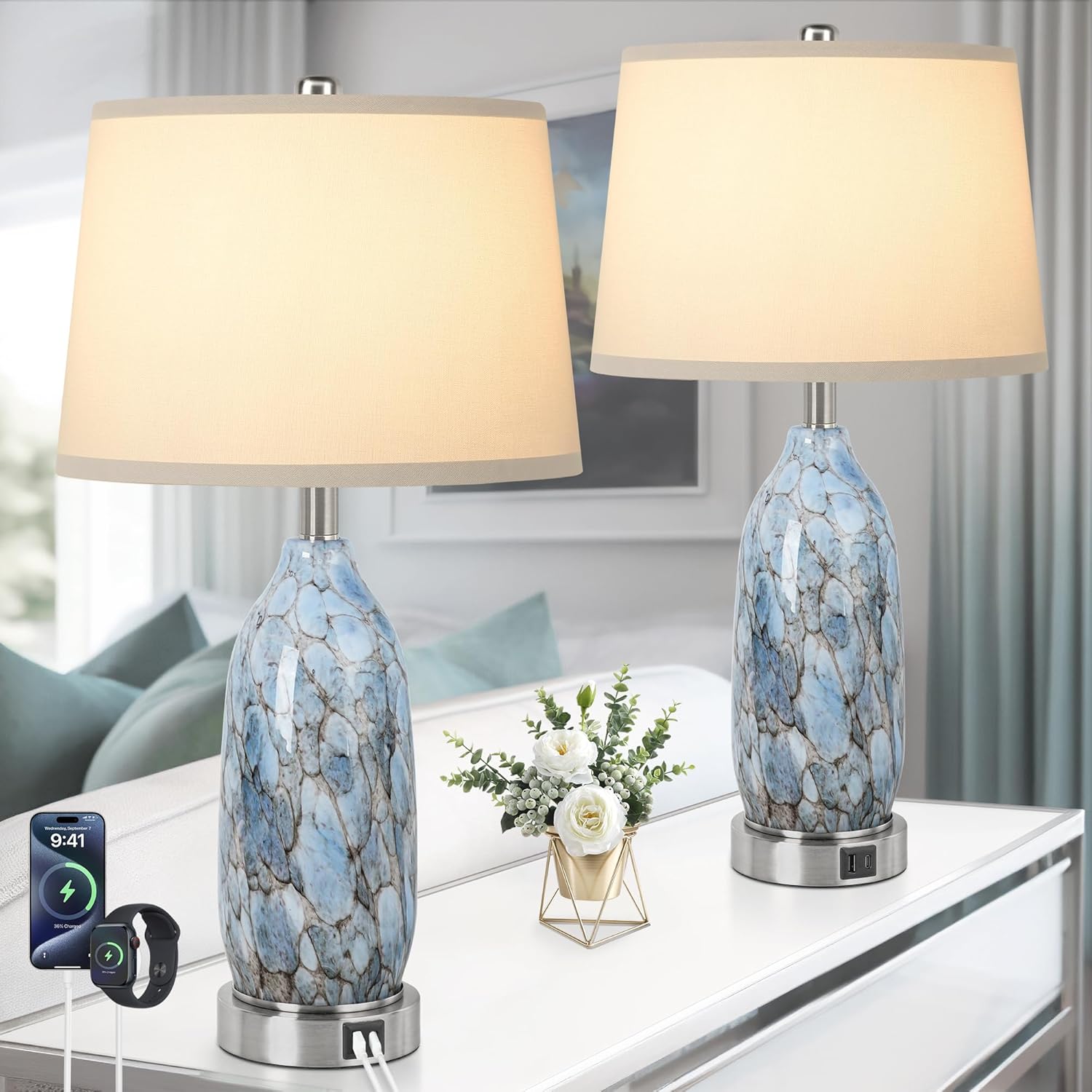AuraBasic Set of 2 Table Lamps with LED Night Light, 24 inch Unique ...