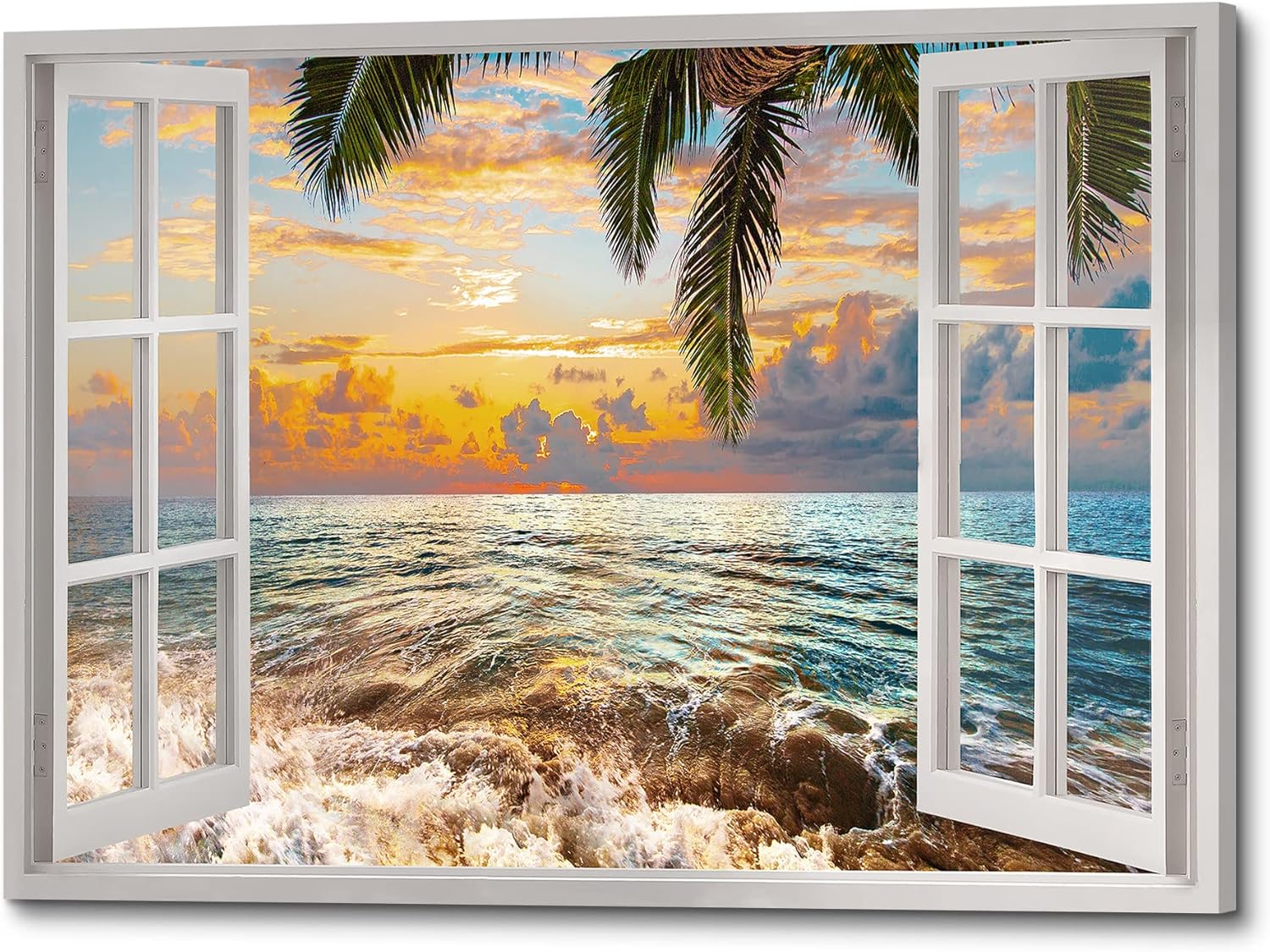 Amazon.com: Window View Ocean Wall Art: Sunset Sea Waves Canvas Print ...