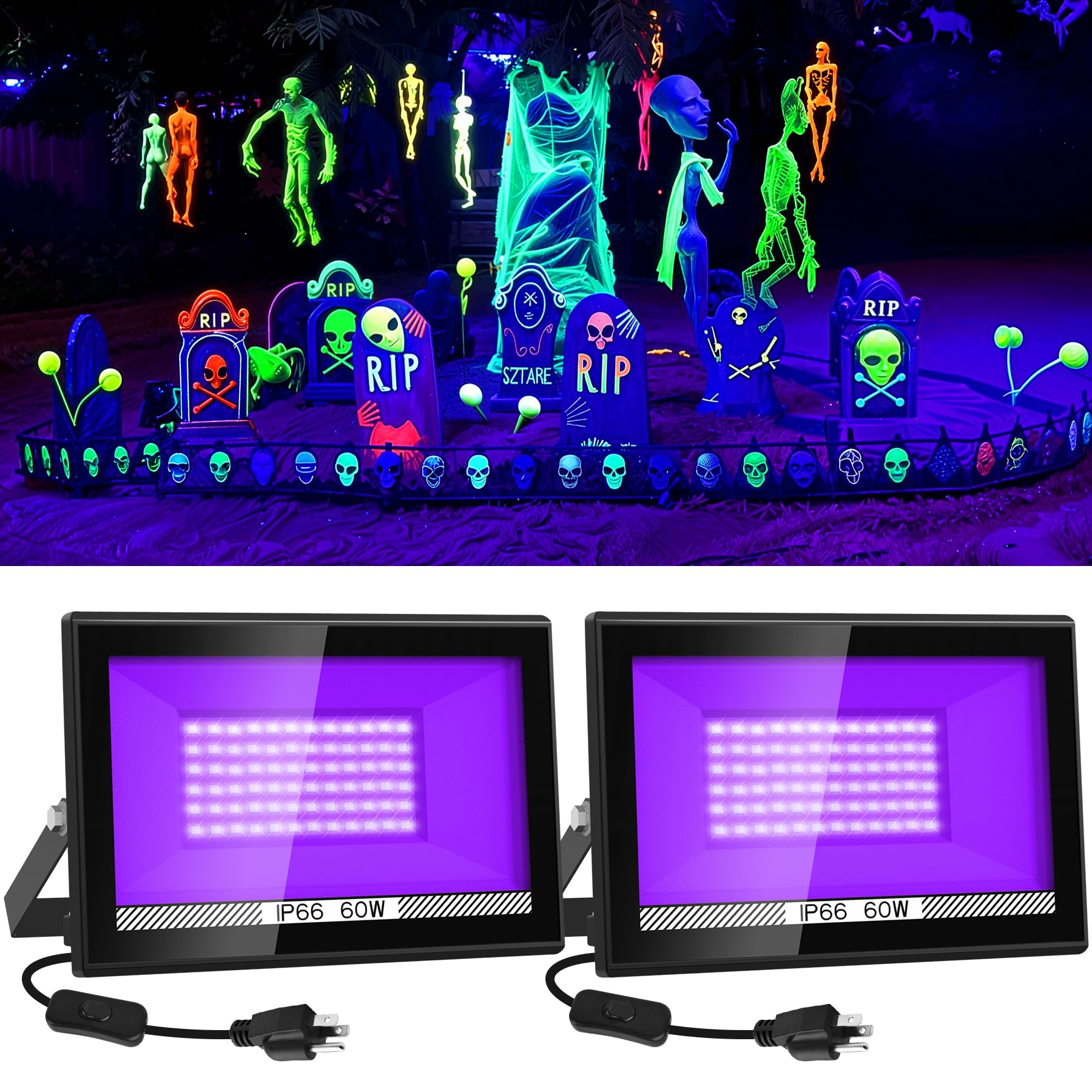 CREPOW 60W Black Lights, 2 Pack LED Blacklight Flood Light with Plug ...