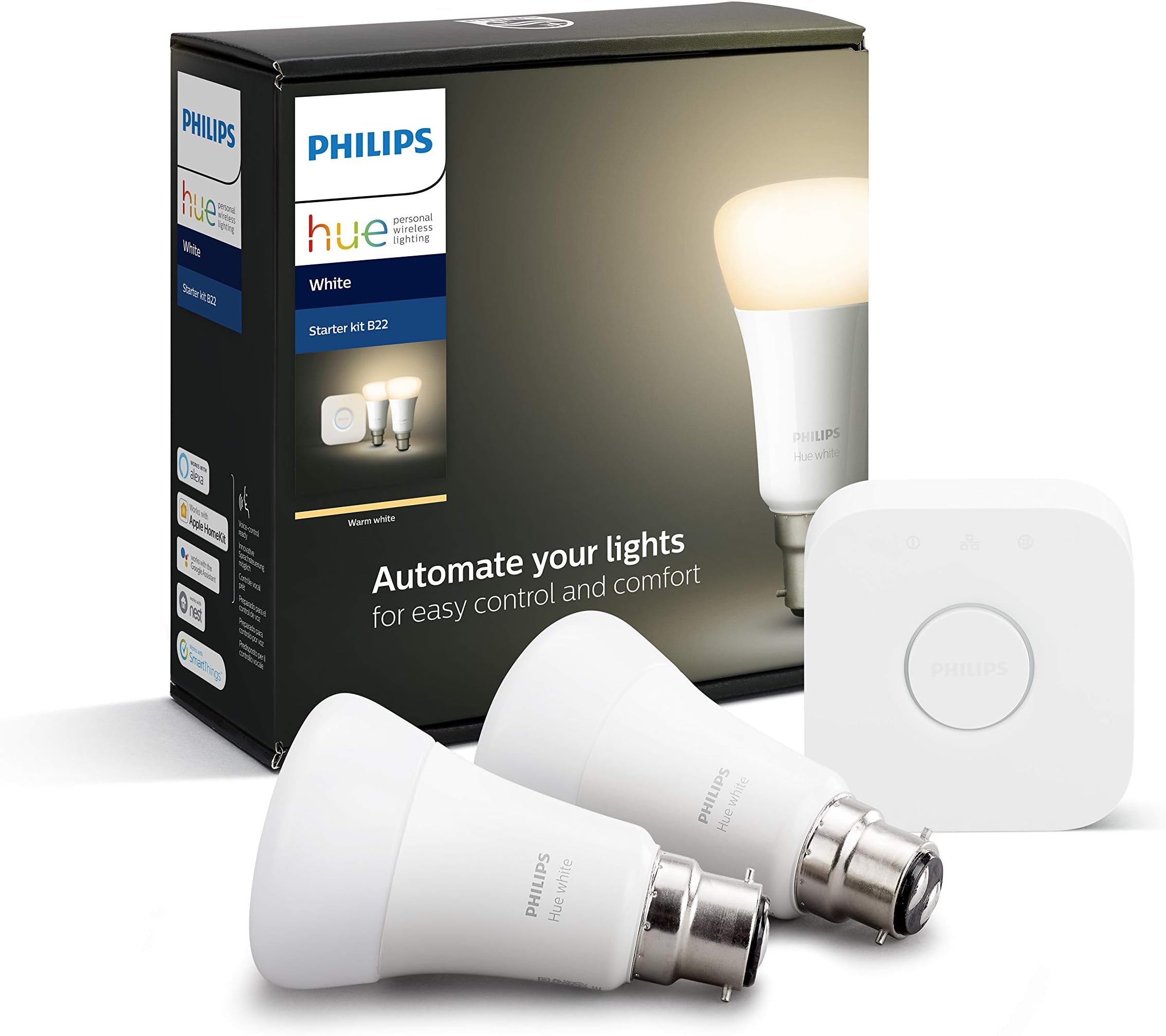 Philips Hue White Starter Kit: Smart Bulb Twin Pack LED [B22 Bayonet Cap] Including Bridge ...