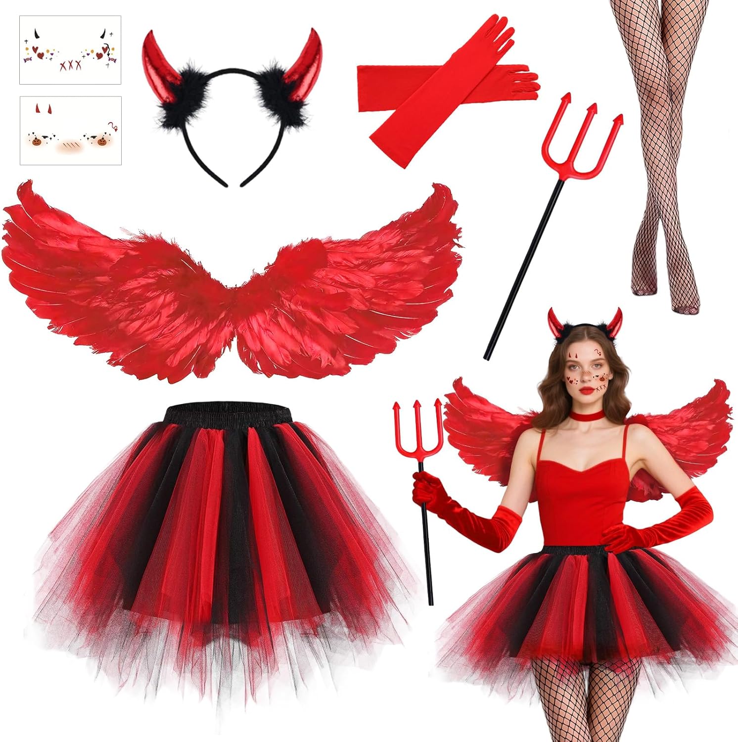 Red Devil Costume Women Halloween Costume with Red Angel Wings Devil ...