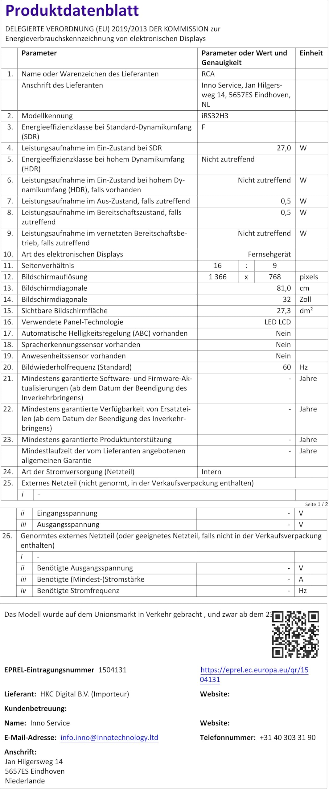 RCA VRS32HQ1 Smart TV 32 Zoll HD LED Fernseher mit WLAN, Triple Tuner ...